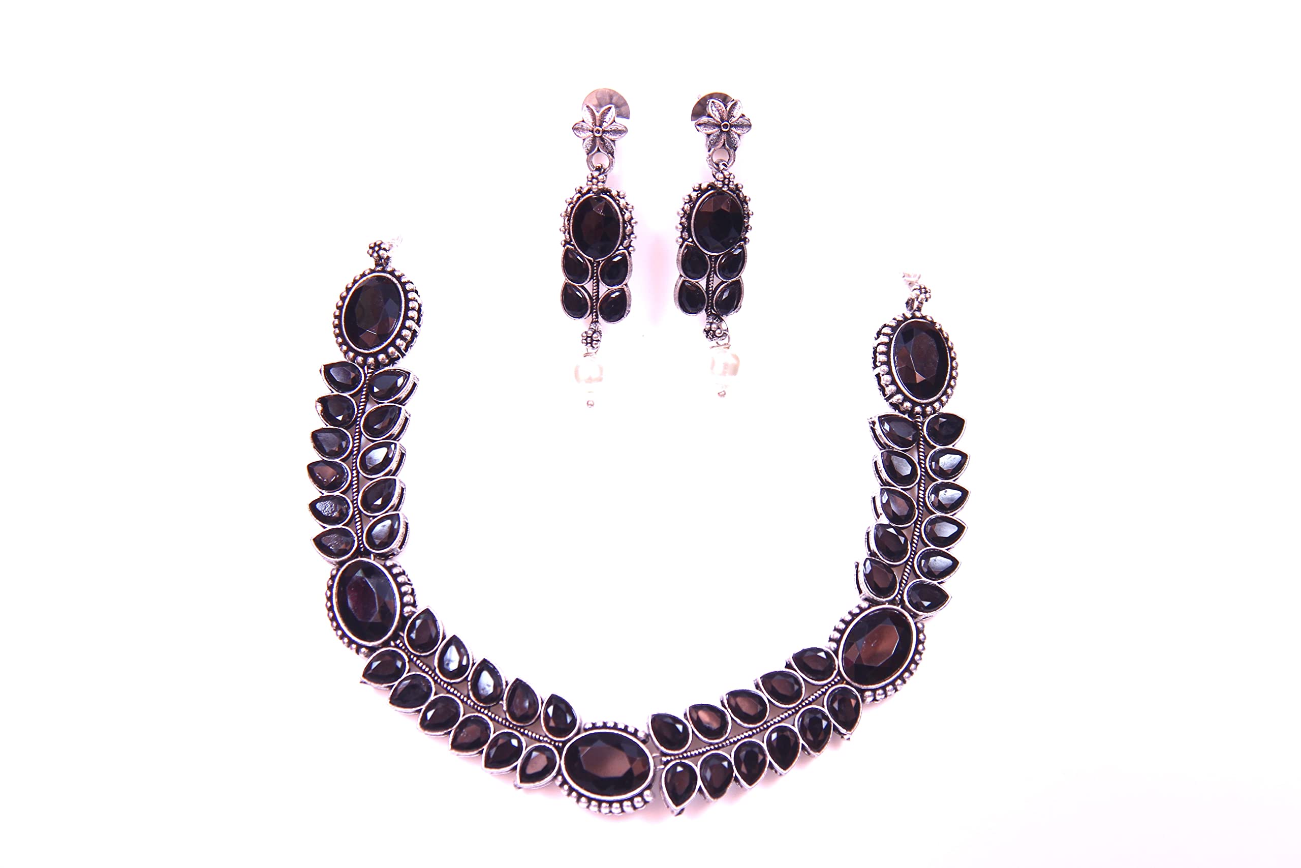 PS Traditional Silver Plated Black Stone Choker Leaf Style Wedding Jewelry Set for Women