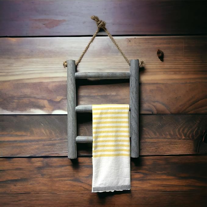 Rustic Handmade Mango Wood Wall Hanging 3 Tier Hand Towel Ladder Rack, Bathroom Towel Storage Rack with Top Jute Rope Hanger 23" H (Gray)