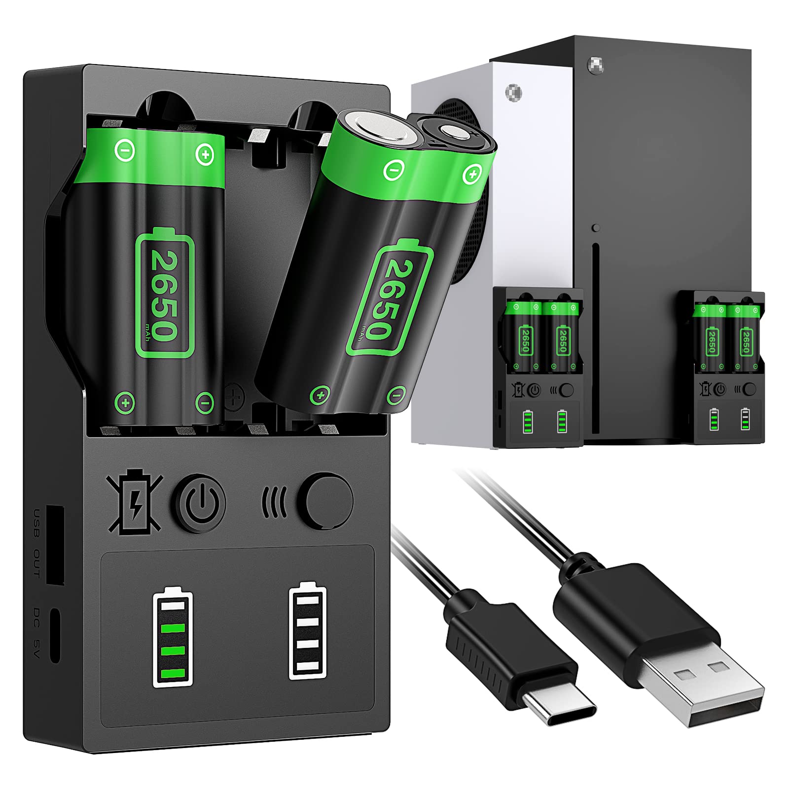 Rechargeable Battery Packs for Xbox Series X/S Controllers, 2 X 2650mAh High Capacity Batteries with charger Stand, 2 in 1 Battery Packs with LED Indicator Charging Accessories for Xbox Series X/S
