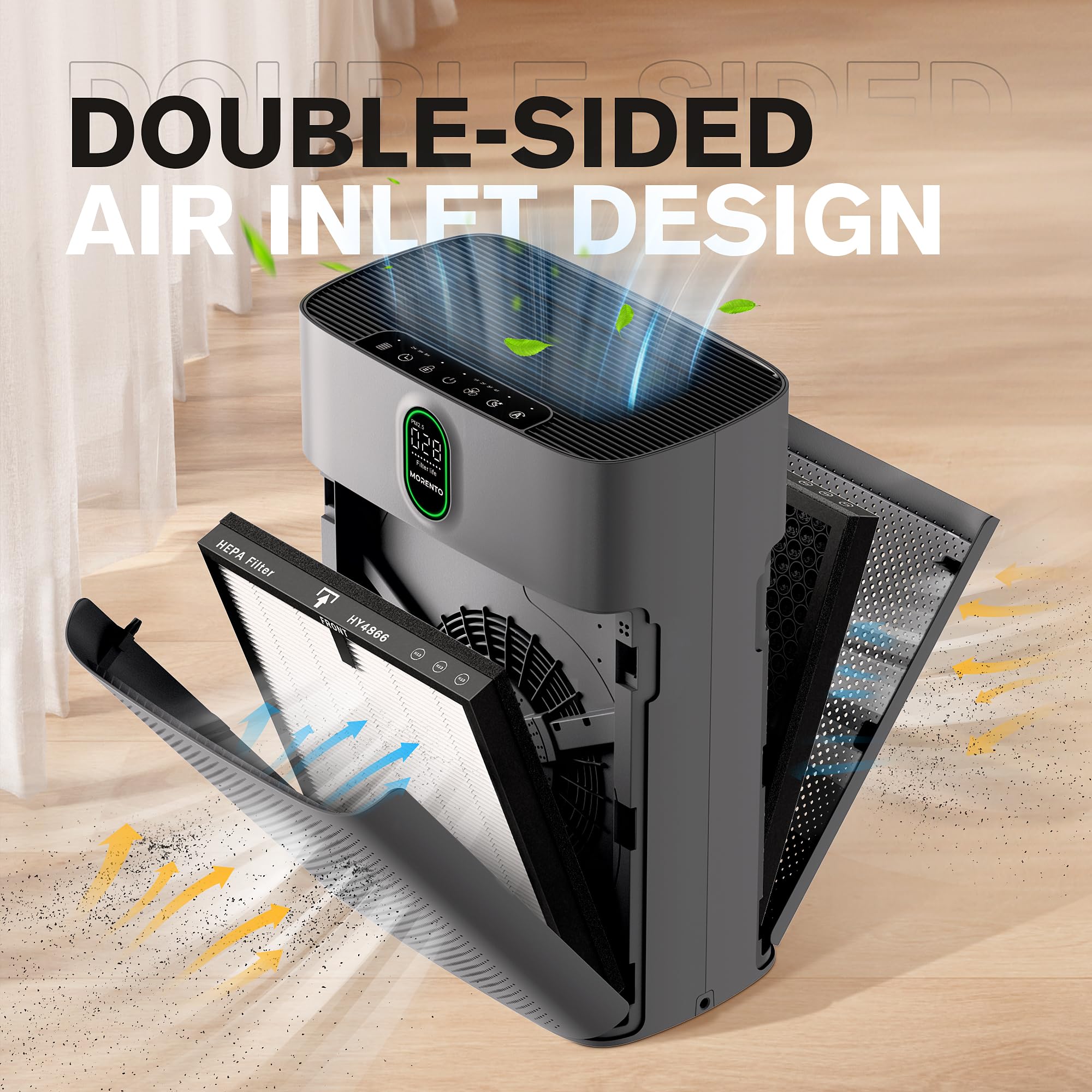 MORENTO Air Purifiers for Home Large Room up to 1076 Sq Ft with PM 2.5 Display Air Quality Sensor for Pet Hair, Double-sided Air Inlet, 24db, Dark Grey, 1 Pack