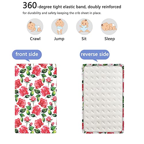 Rose Themed Fitted Mini Crib Sheets,Portable Mini Crib Sheets Soft Toddler Mattress Sheet Fitted-Great for Boy or Girl Room or Nursery,24β x38β,White Green Red