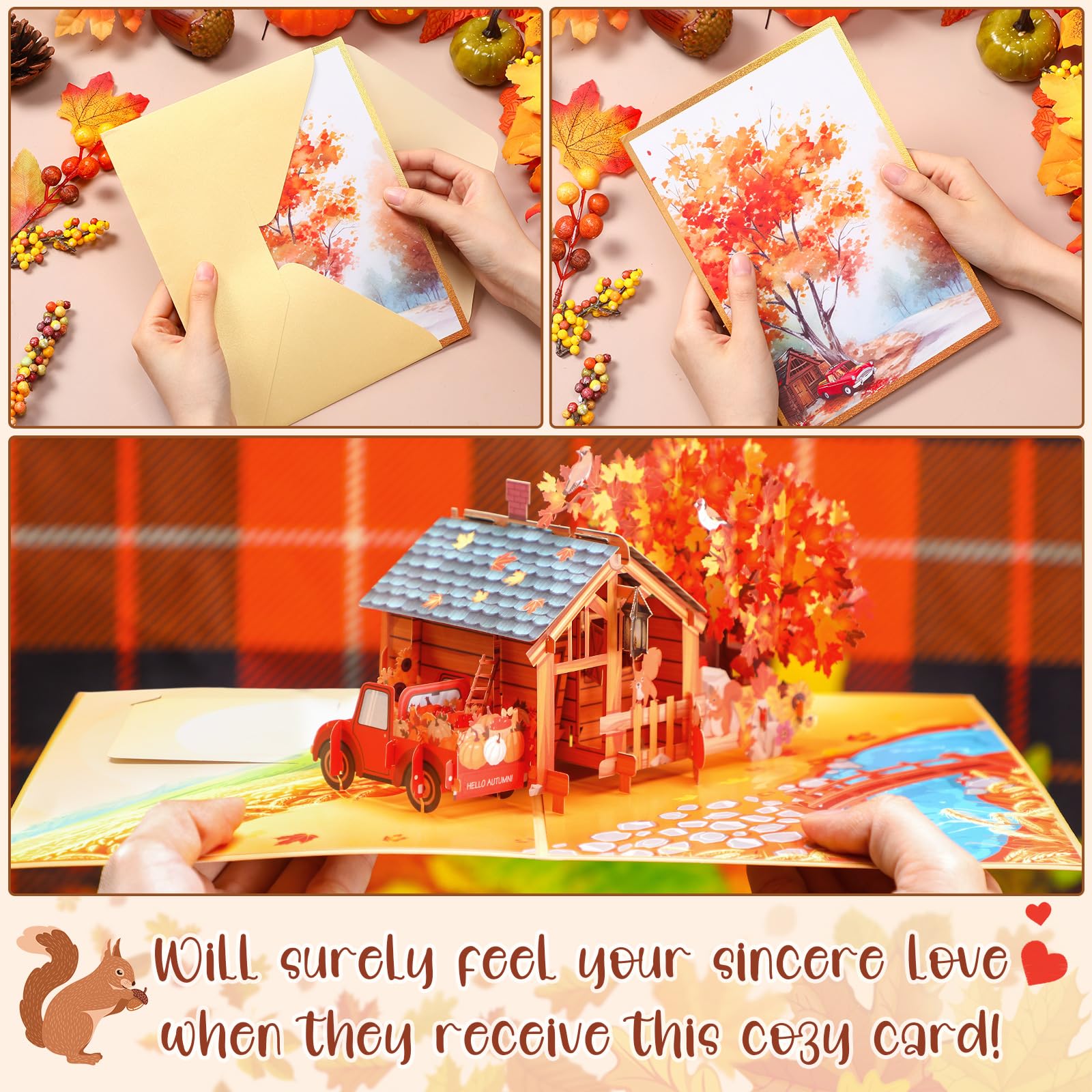 Teling 3D Thanksgiving Pop Up Card Fall Greeting Card with Envelope Handcrafted Cozy Autumn Farmhouse with Maple Tree Pumpkin Squirrel Thinking of You Hello Autumn 9" x 6.3" Cover