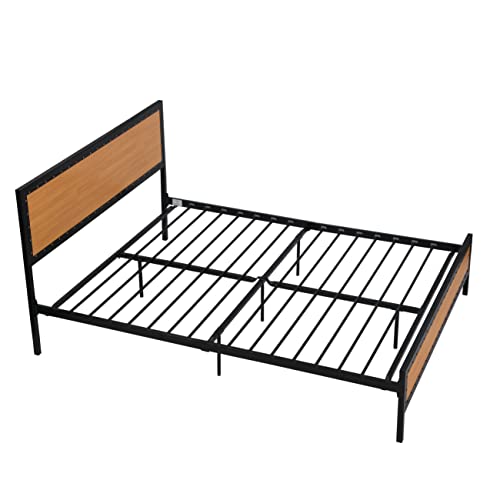 Prohon Bed Frame Queen Size with Rustic Headboard and Nailhead Trim Footboard, Strong Steel Slat Support, Metal Platform Bed with 11β Storage Space, Silent Design Bedframe for Adults, Teens & Kids