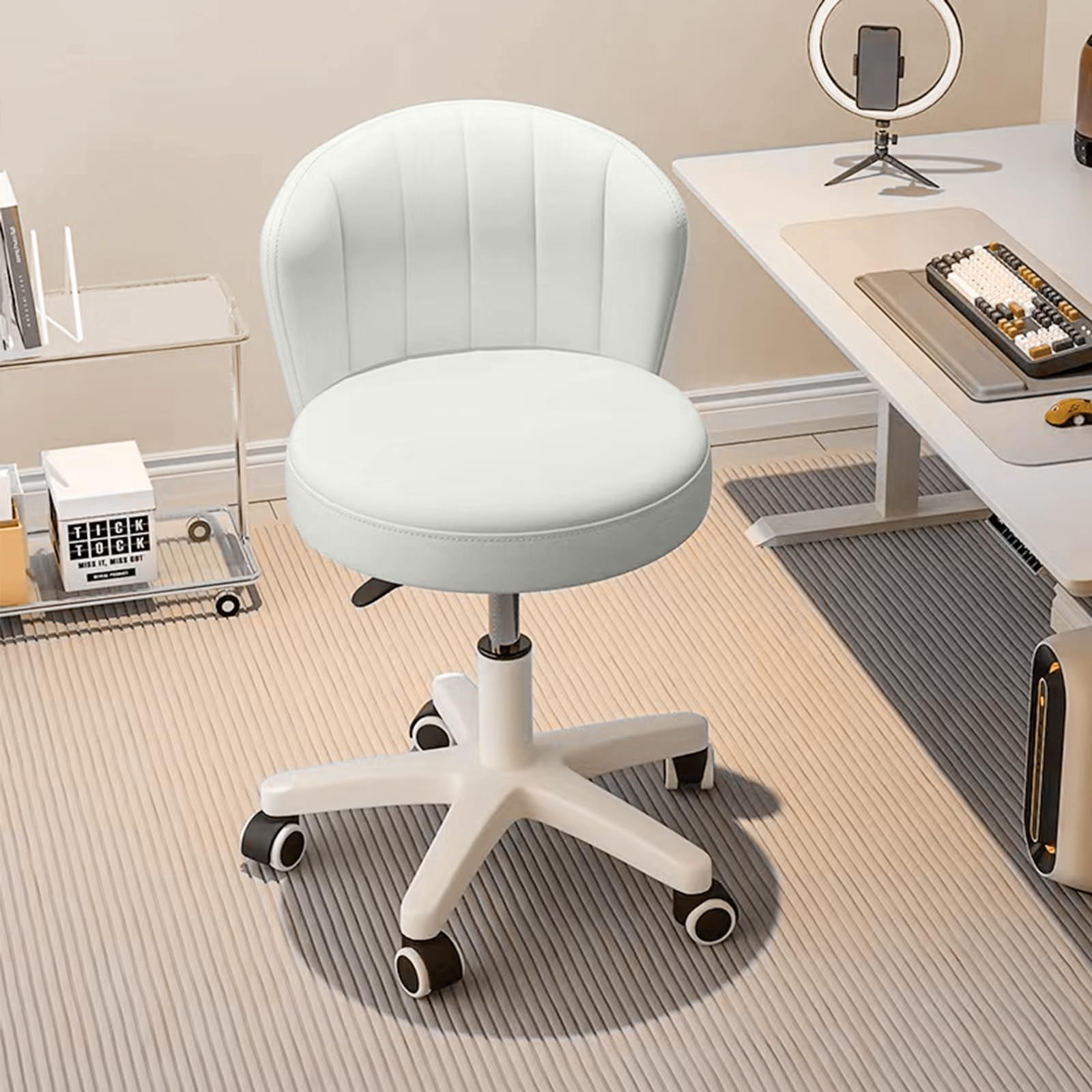 Small Chair Round Rolling Stool with Back PU Leather Height Adjustable Swivel Drafting Work SPA Salon Stools Home Office Chair with Wheels (White, 13.8 * 2 * 9.8)