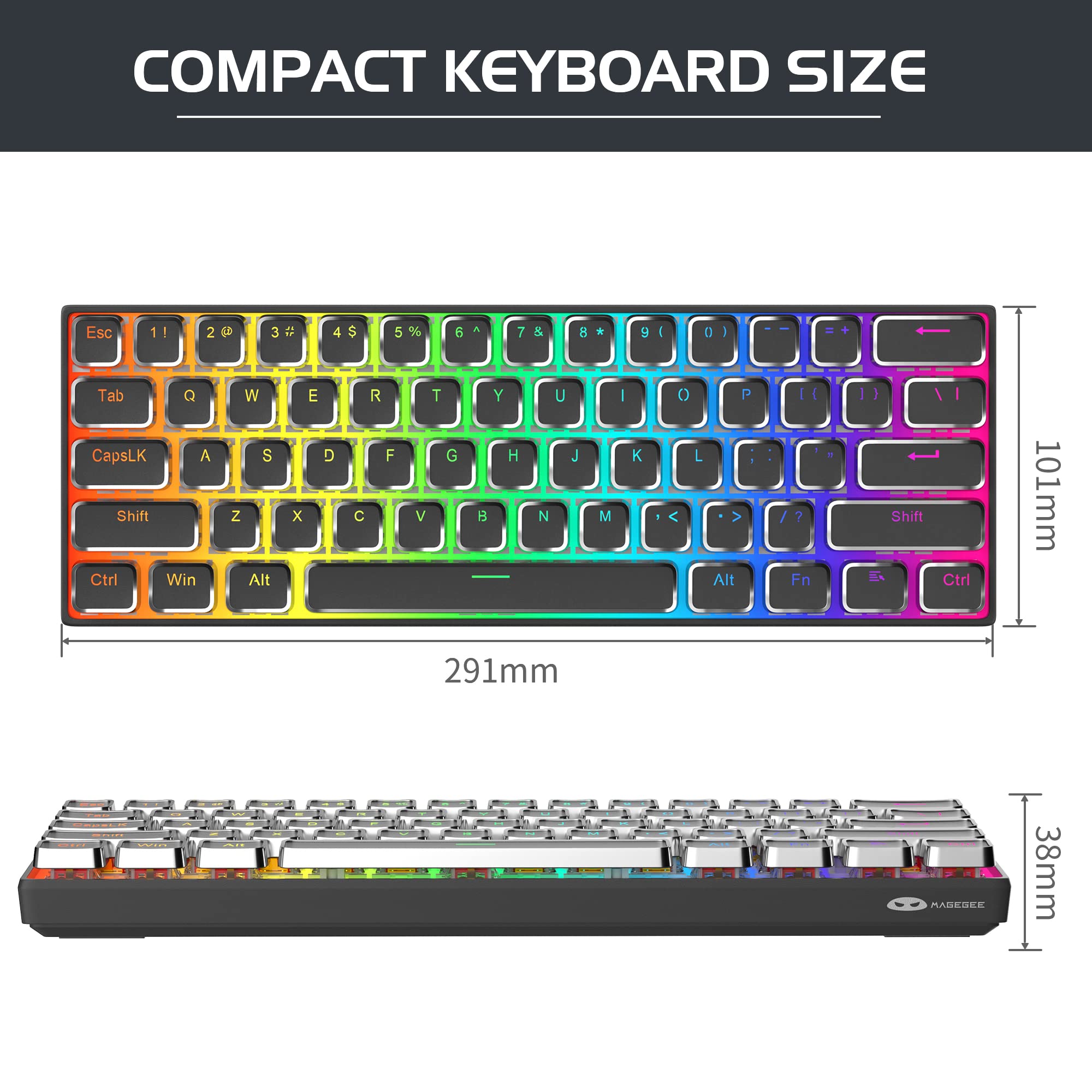 Portable 60% Typewriter Keyboard Wireless, Cute Cool RGB Backlit Mechanical Gaming Keyboard with Linear Red Switches, Wired/Wireless Connection 61 Keys Mini Keyboard for Windows Mac Android PC(Black)