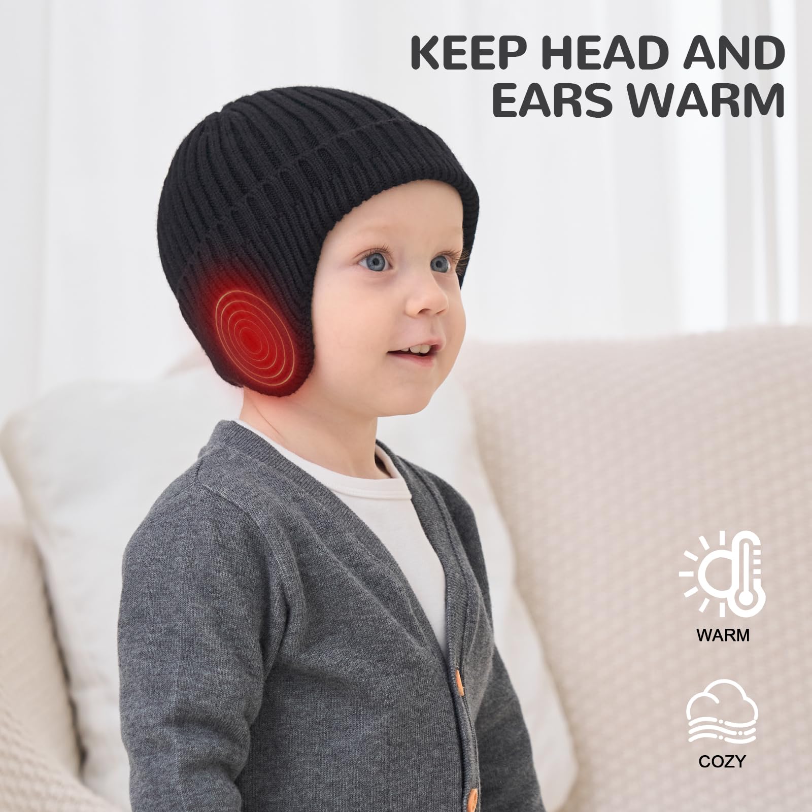 POXIMI Baby Boy Winter Hat Toddler Warm Beanie Girl Knit Hats with Earflap Kid Cute Earmuffs (Navy+Grey, 6-24Months)