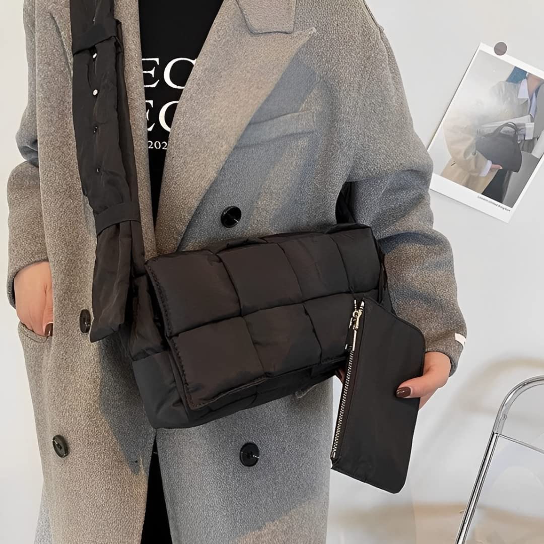 Puffer Crossbody HandBag, Embroidered Crossbody Bag For Women, Padded Designer Shoulder Bag, Completely Enclosed So Even Small Items Are Kept Secure
