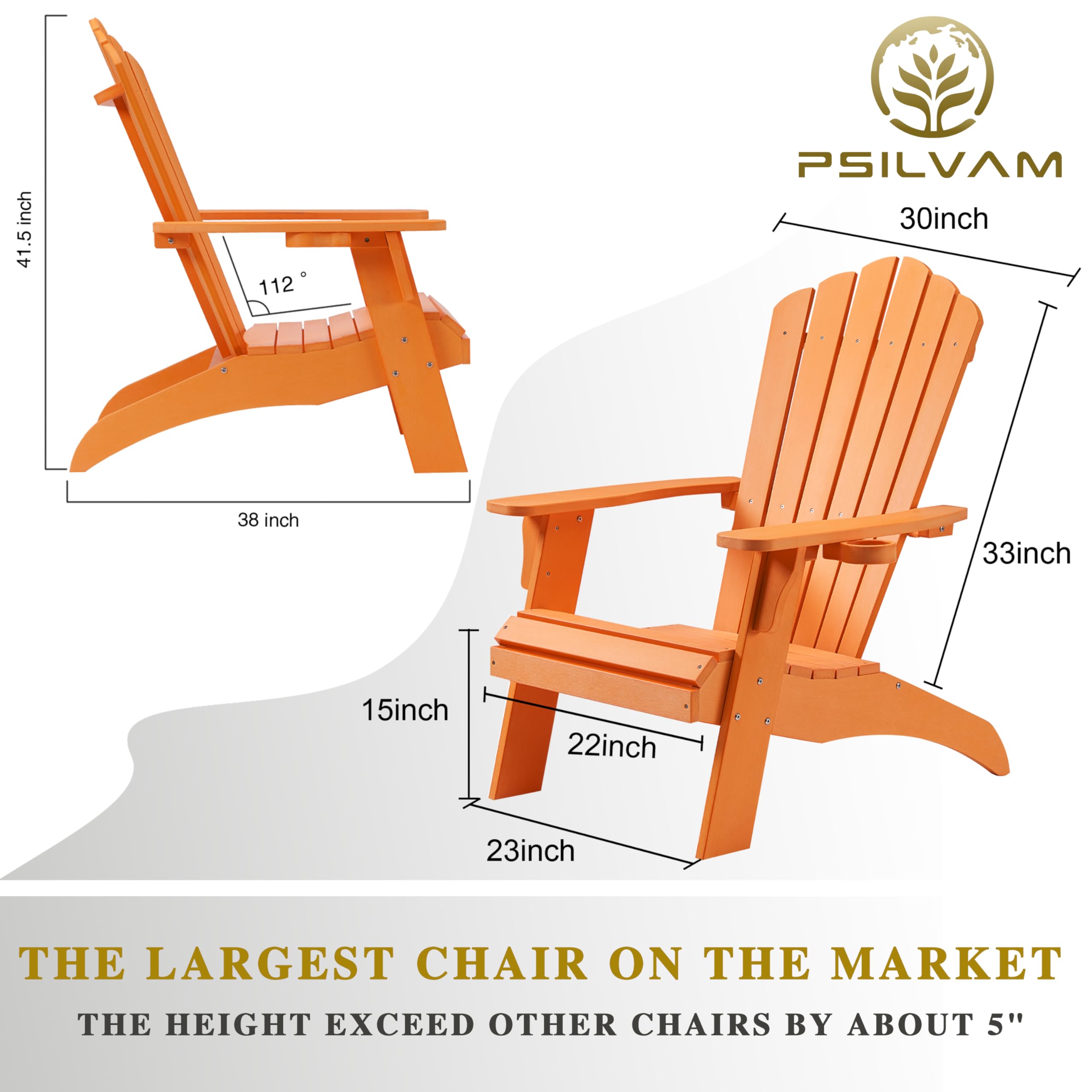 Psilvam Adirondack Chair, Oversized Poly Lumber Fire Pit Chair with Cup Holder, 350Lbs Support Patio Chairs for Garden, Weather Resistant Outdoors Seating, Relaxing Gift for Father & Mother (Orange)