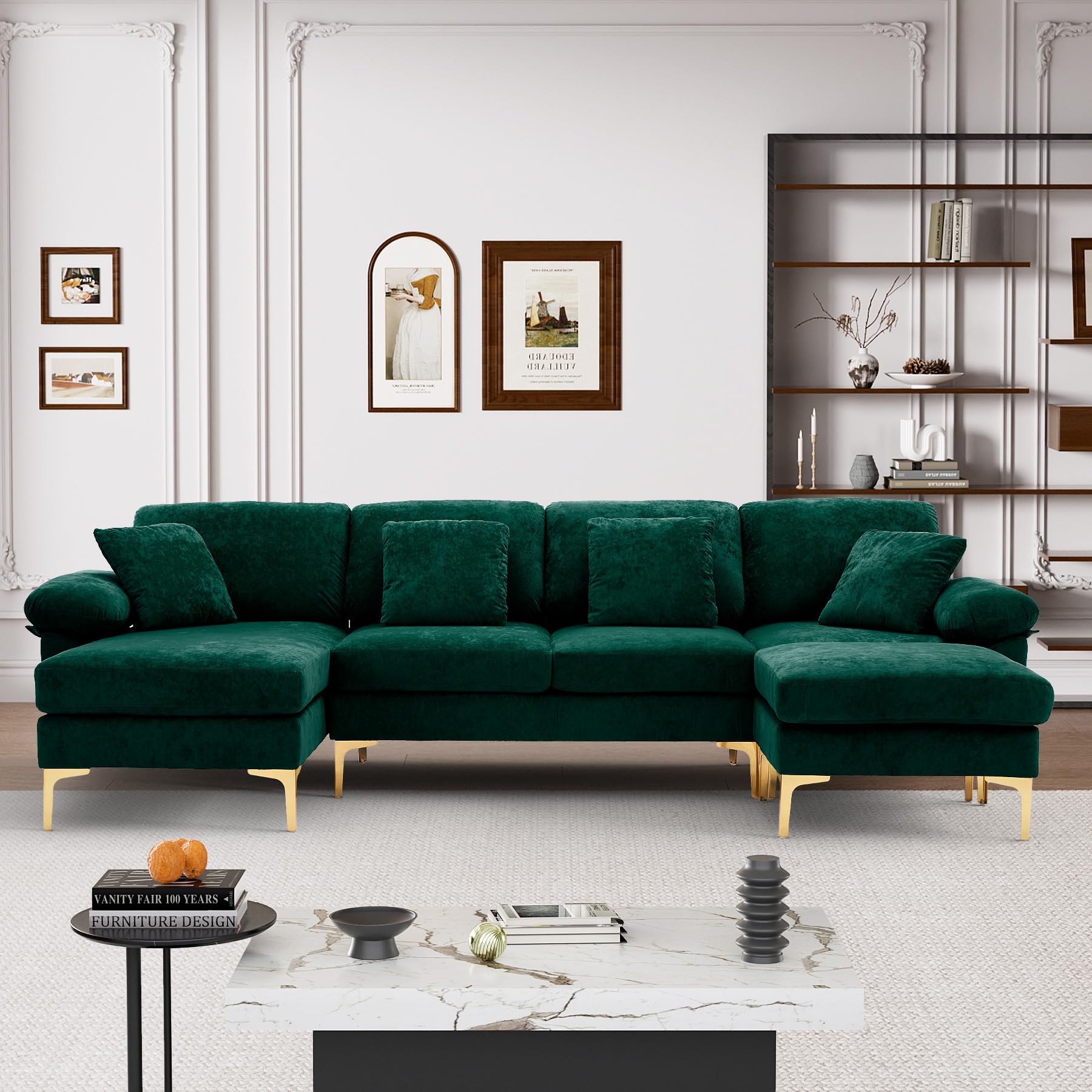 Wrofly U Shaped Sectional Sofa Couch, 114" Convertible L Shaped Sofa with Chaise Lounge & Ottoman, Modern Oversized Modular 4 Seat Sleeper Sofa Set for Living Room Office, Emerald Green Velvet