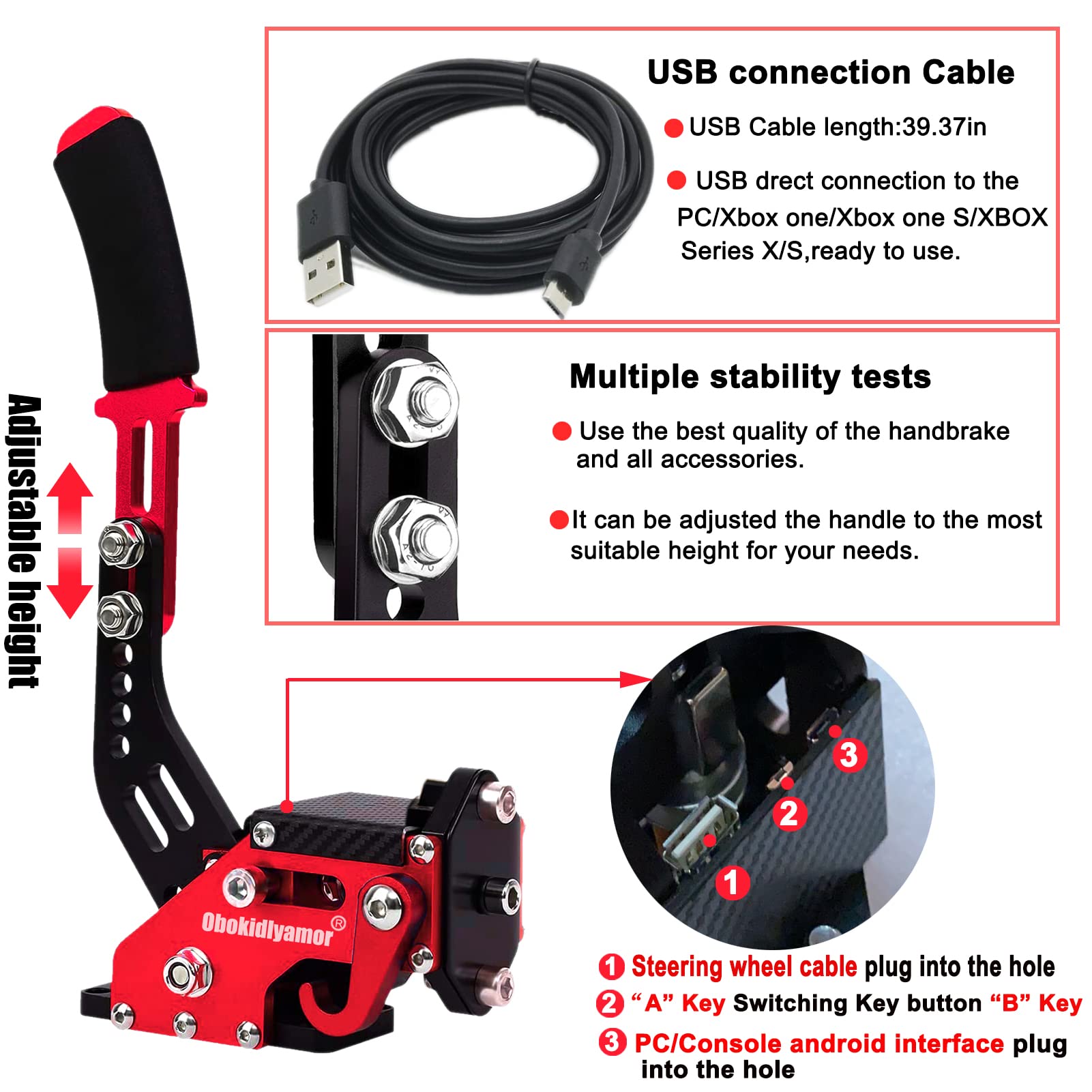 Obokidlyamor USB Handbrake Compatible with Logitech G920 Racing Wheel on Xbox Series S/X Console; PC System USB Handbrake SIM With Clamp Plate for Racing Games G923 (Only Handbrake, Red)