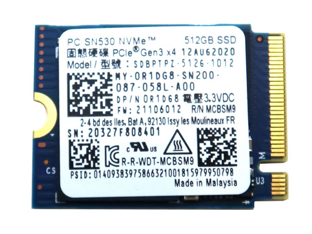 Solid State Drive R1DG8 0R1DG8 MY-0R1DG8 Compatible Replacement Spare Part for Western Digital PC SN530 SDBPTPZ-512G 512GB M.2 2230 NVMe PCIe Gen3 x4 SSD