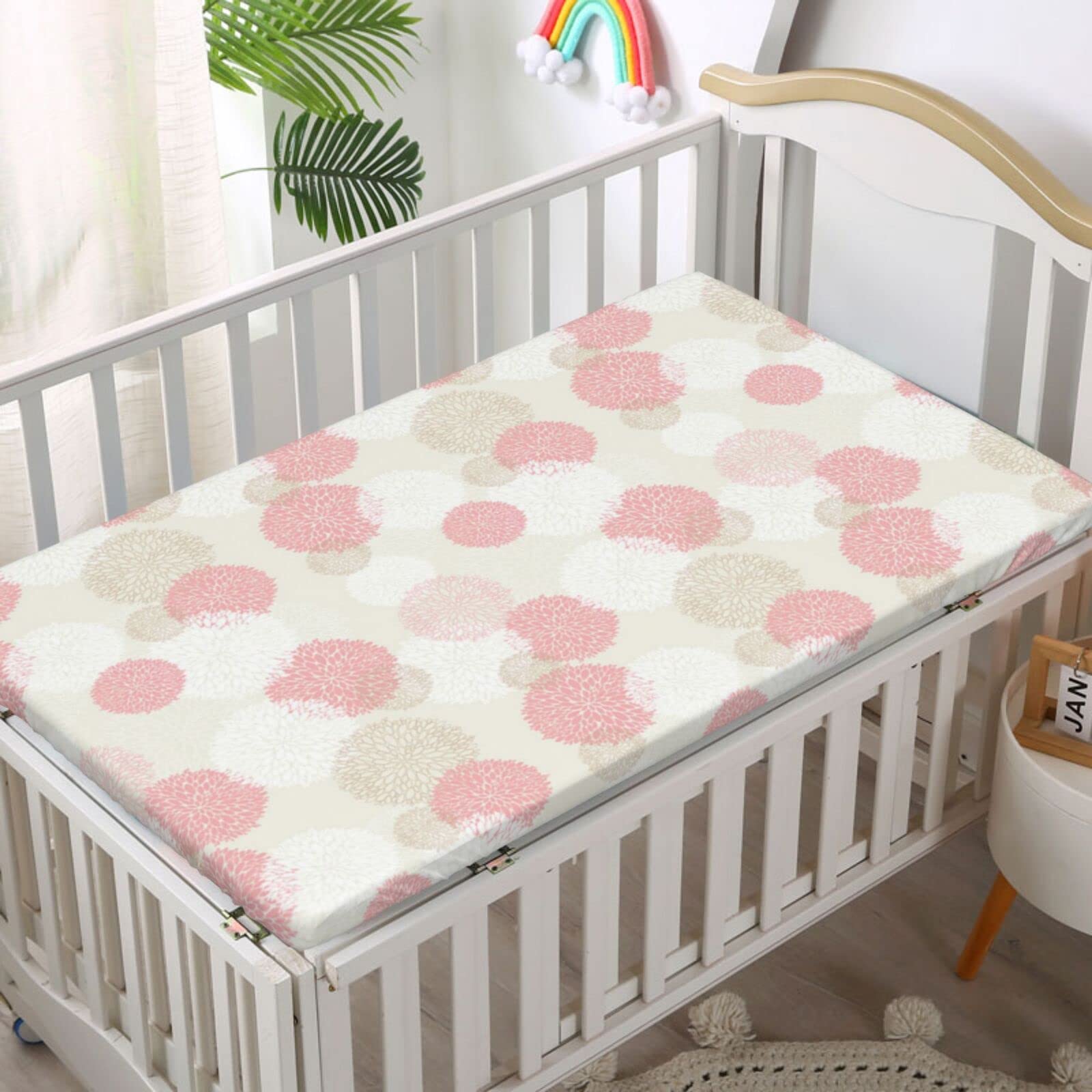 Pastel Themed Fitted Mini Crib Sheets,Portable Mini Crib Sheets Toddler Bed Mattress Sheets-Baby Crib Sheets for Girl or Boy,24β x38β,Pale Pink White Brown