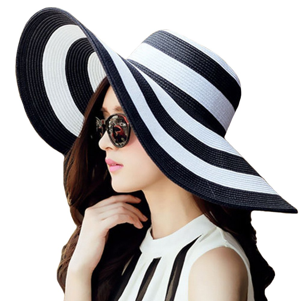 Itopfox Womens Beachwear Sun Hat Striped Straw Hat Floppy Big Brim Hat Black,One Size(22inch-22.8inch Circumference)