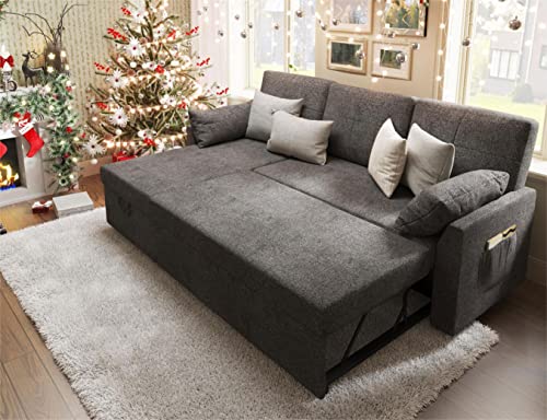VanAcc Sofa Bed, 2 in 1 Pull Out Couch Bed with Storage Chaise for Living Room, Sofa Sleeper with Pull Out Bed, Gray Chenille Couch