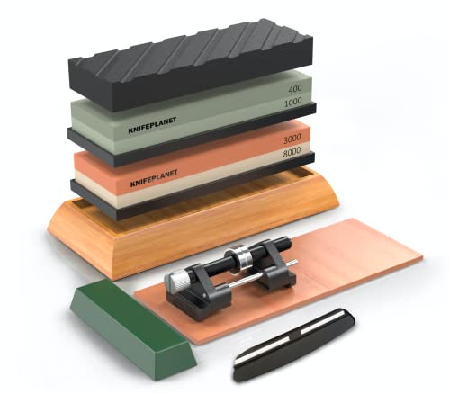 Premium Knife Sharpening Stone Set â 400/1000 and 3000/8000-Grit Professional, Whetstone Set Includes Flattening Stone, Bamboo Base, Leather Strop, Honing Guide, Angle tool and Abrasive Compound
