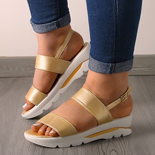 Platform Sandals Women Slip On Breathable Comfy Block Chunky Heeled Platform Sandals for Party Dating Daily Gold