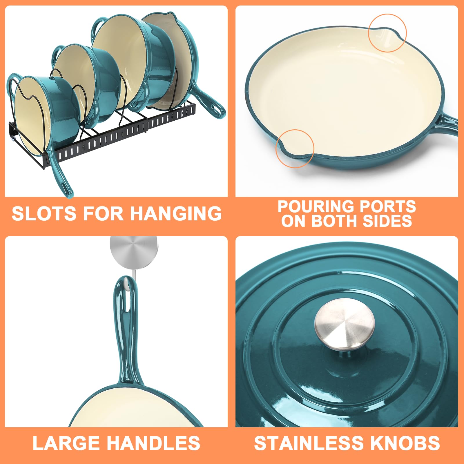 Uniflasy Enameled Cast Iron Cookware Set, 9-Piece Set Nonstick Ceramic Dutch Oven Stove Pots, Skillet, Pans, Lids,Storage Rack and Lid Holder, Oven Safe & Compatible with All Stovetop, Teal Ombre