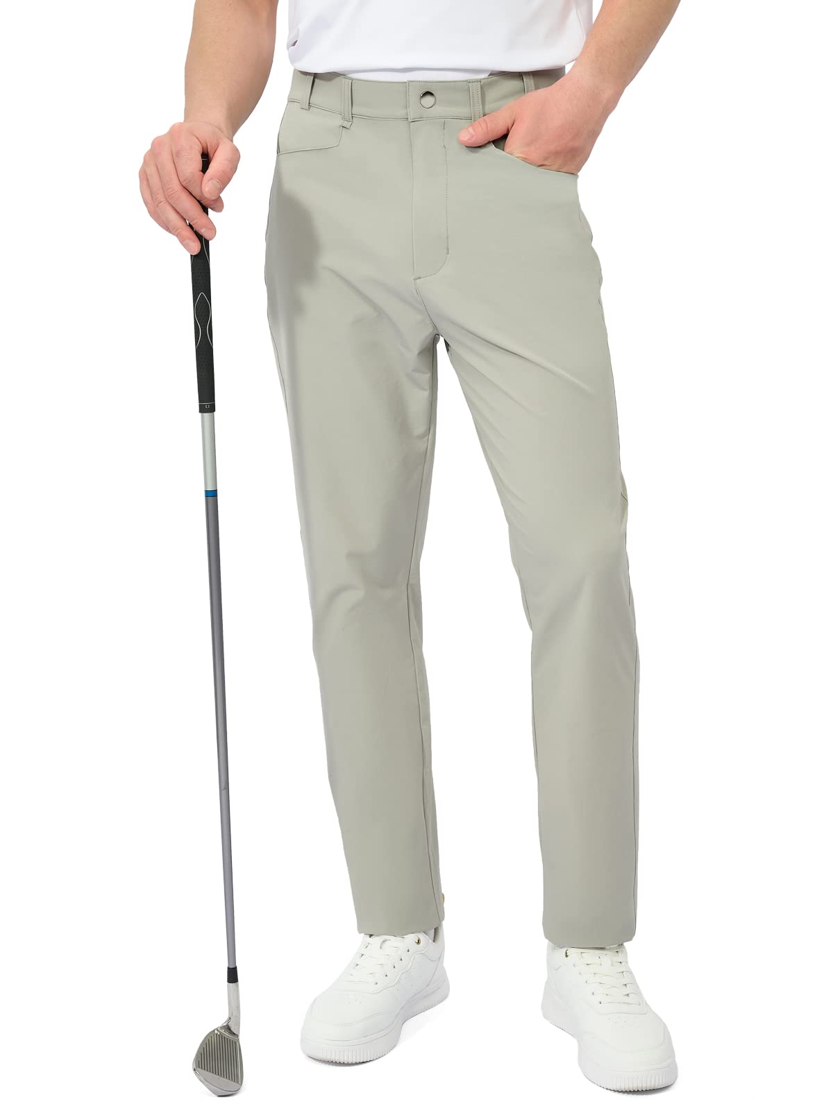 MELOO Men's Golf Dress Pants - Stretch Slim Fit Slacks Water Resistant Work Casual Trousers Pockets Black Size L