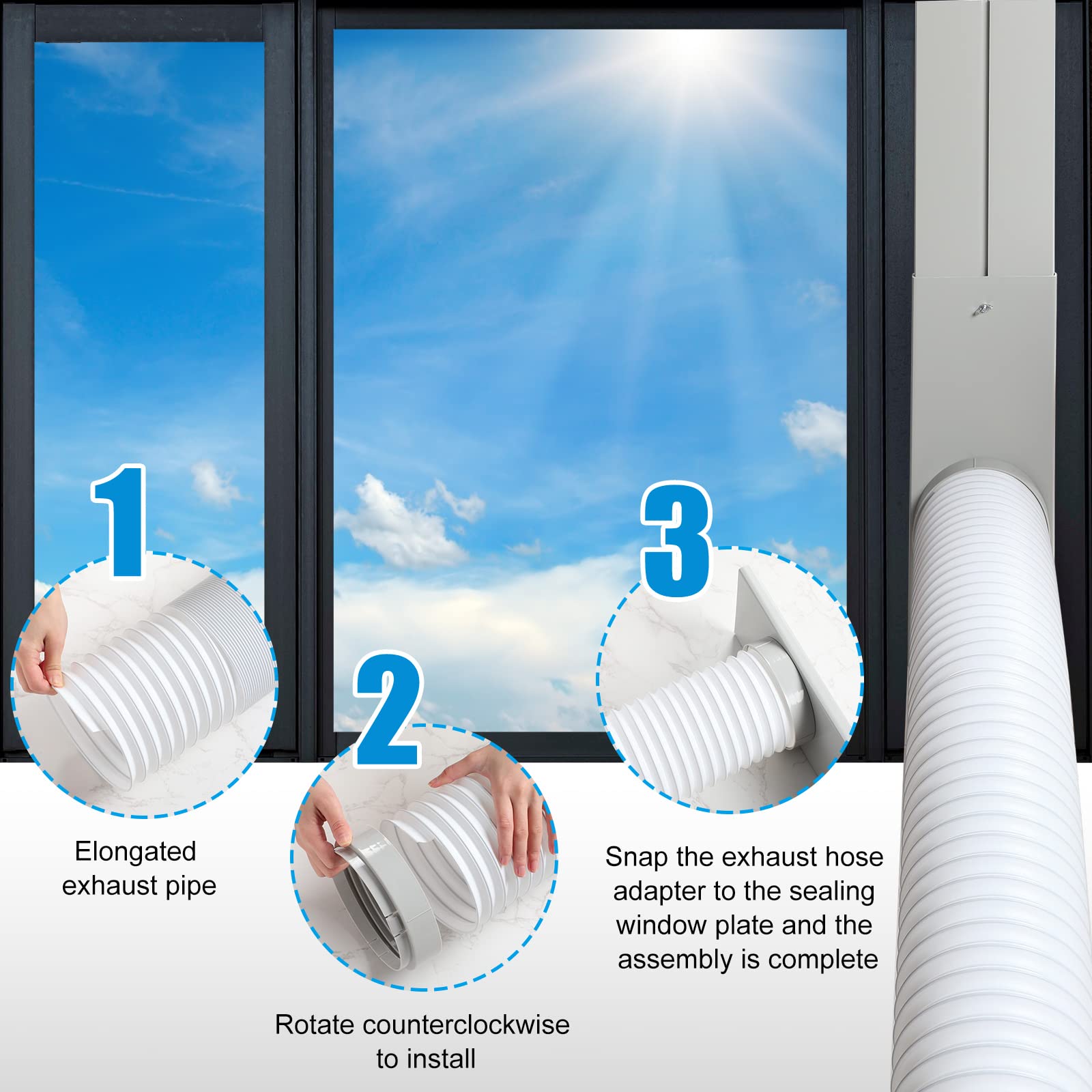 Portable Air Conditioner Window Vent Kit, 1 Universal Counterclockwise Thread Exhaust Hose with Coupler Adjustable Window Seal for Air Conditioner, Sliding Windows
