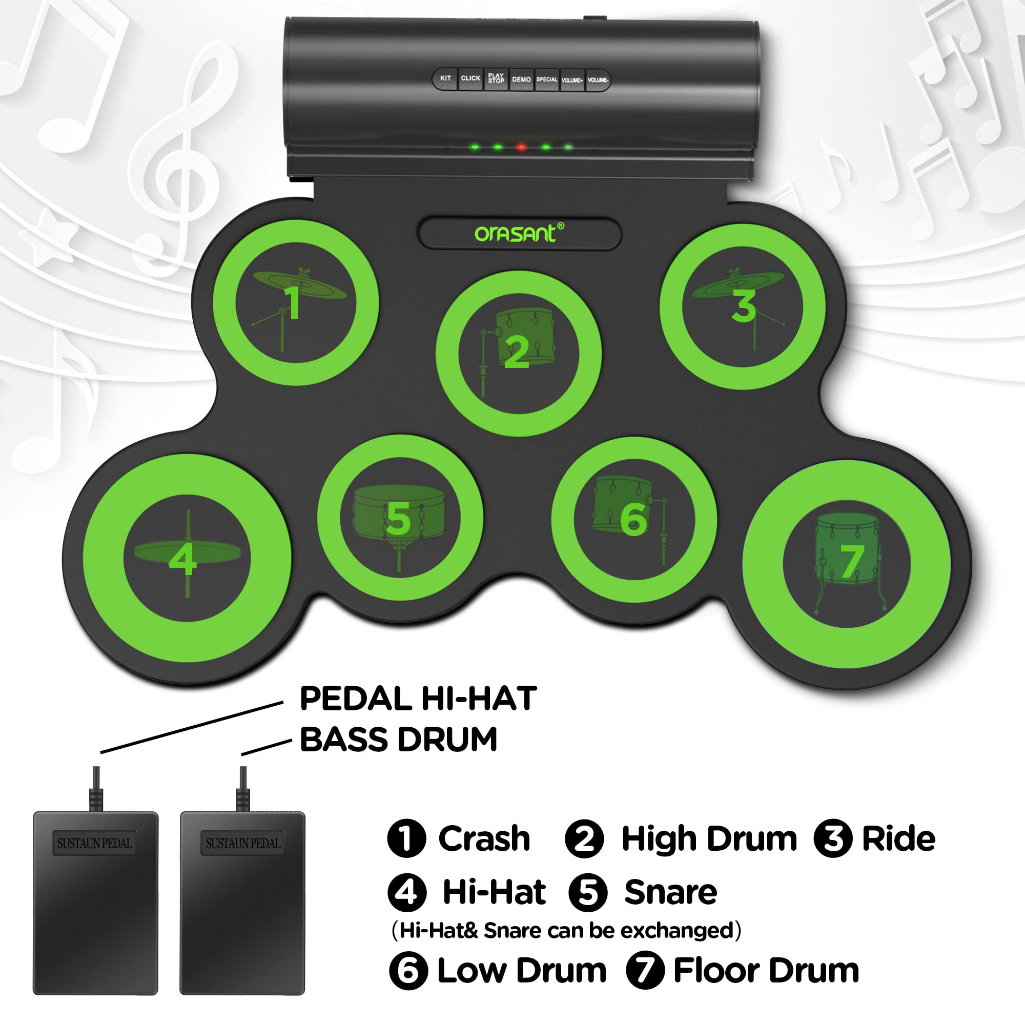ORASANT Real-Effect Rechargeable Portable Electronic Drum Set, Multi-Functional Electric Drum Set with Volume Adjustable Built-in Speaker Headphone-Jack Foot Pedals Sticks 10H Playtime, Green