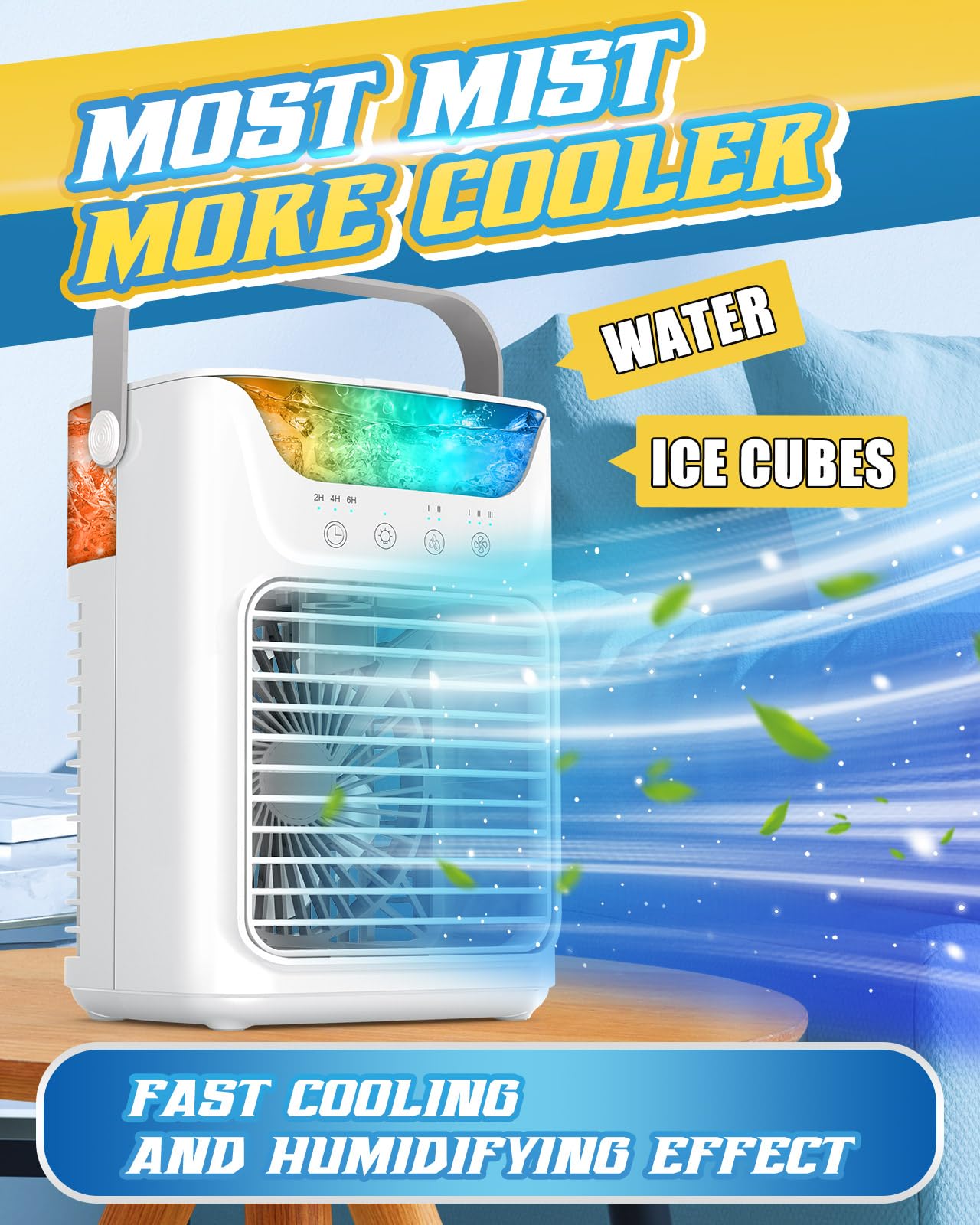 Portable Air Conditioners, Evaporative Personal Air Cooler, 3 in 1 Mini Desktop Spray Fan, 3 Speeds Air Cooler Humidifier with Controllable 7 Color Light for Home, Office, Desk