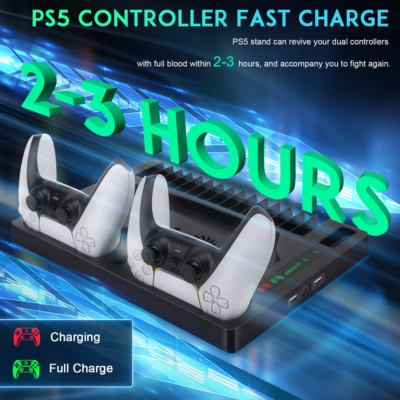 PS5 Slim Stand with Cooling Station&Controller Charging Station, SIKEMAY PS5 Slim Vertical Stand or PS5 Slim Console with Headset Holder