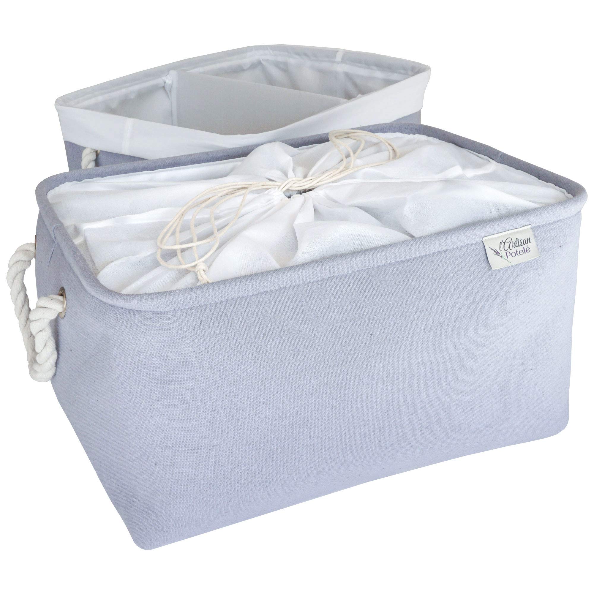 l'Artisan Potelé Storage Basket (2 Set) Lavender Storage Bins / Storage Baskets with Covers (16"x12"x8.5") Attachable Dividers| Decorative Storage Bins, Empty Gift Basket or Dog Toy Baskets
