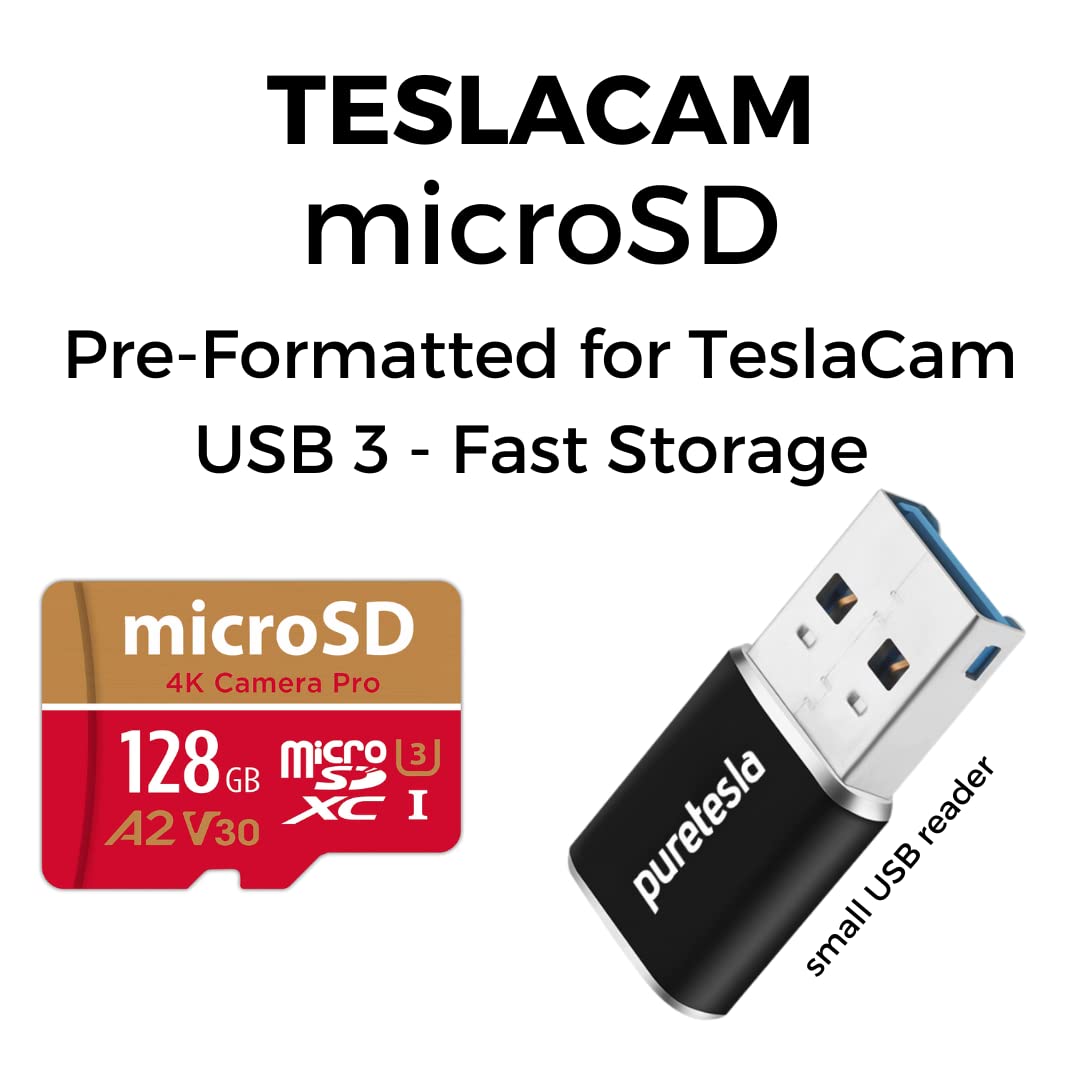 puretesla DashCam Tesla USB Drive 128 GB β Plug and Play USB Endurance microSD Drive Pre-Formatted for Tesla, TeslaCam, Dashcam, and Sentry Mode - Works with Model S 3 X Y