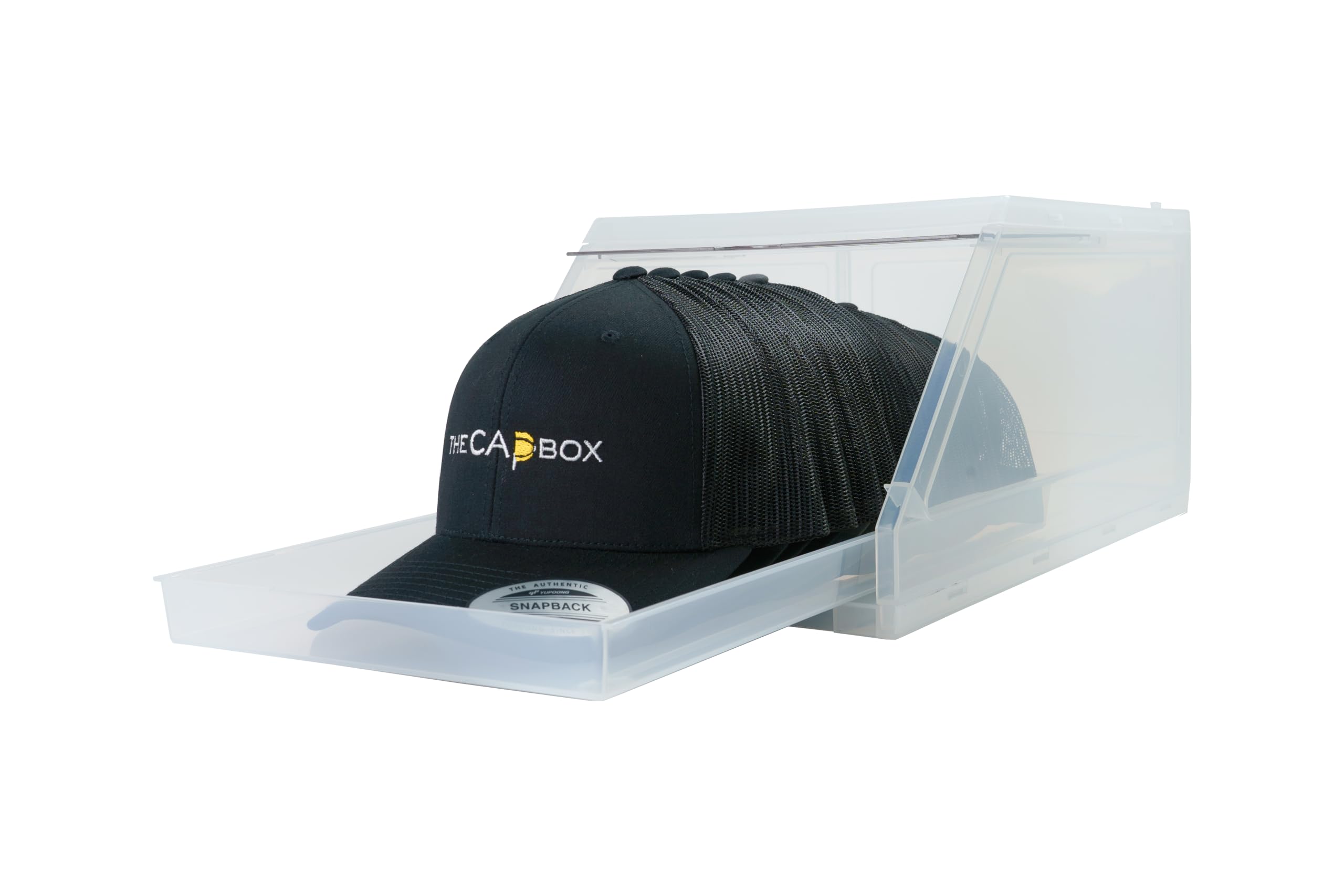 The CapBox 2.0 (2 Pack Clear) Hat Organizer for Baseball Caps, Stackable Sliding Tray Hat Rack & Hat Holder Hat Hanger Cap Storage Container 2 Yr. Warranty Fits 12-17 Caps Sliding Tray & Stopper