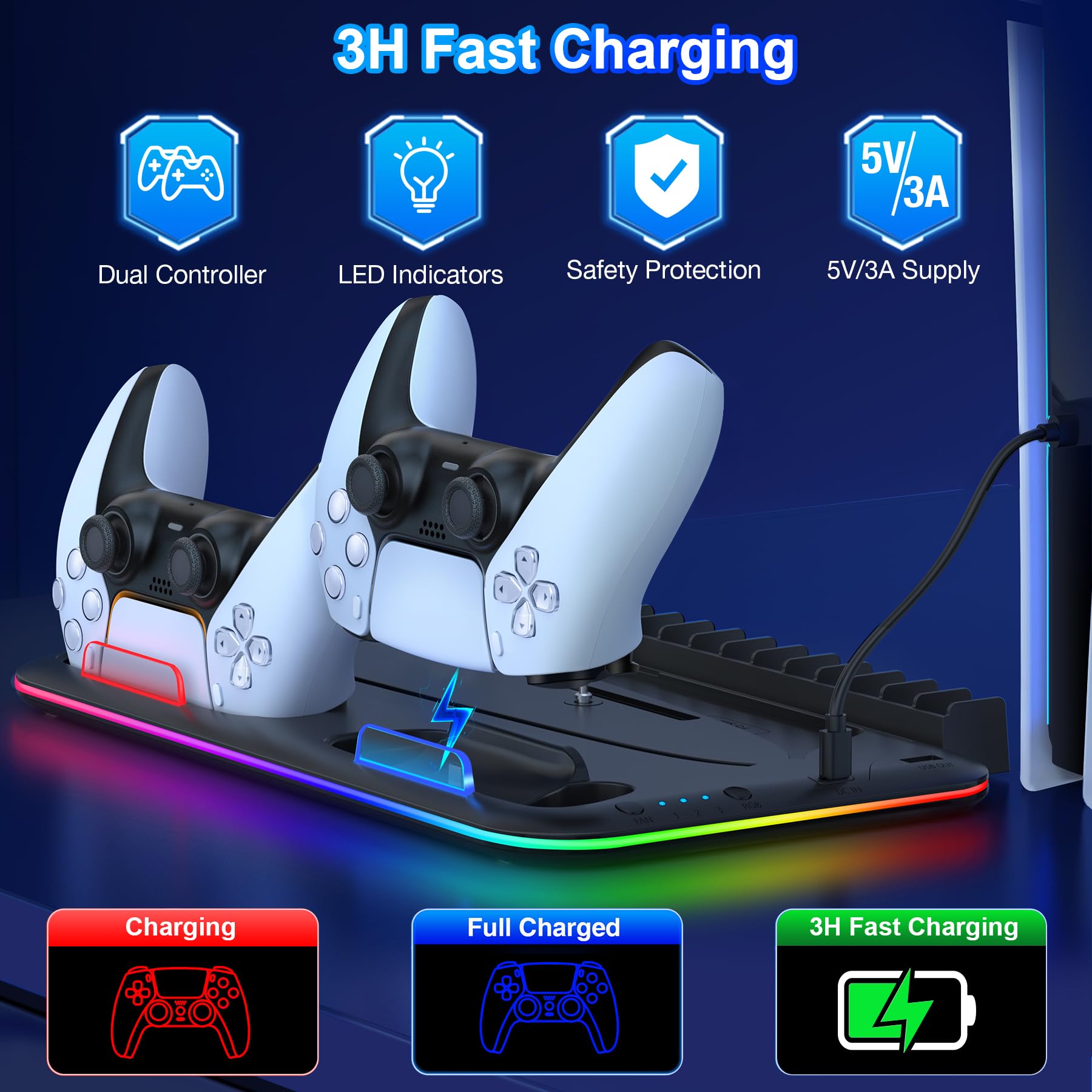 PS5 Slim Stand Cooling Station for Playstation 5 Slim Console Disc/Digital,PS5 Accessories Cooling Stand with 3-Level Cooler Fan,Dual PS5 Controller Charger,RGB Light,Headset Holder,15 Game Slot-Black