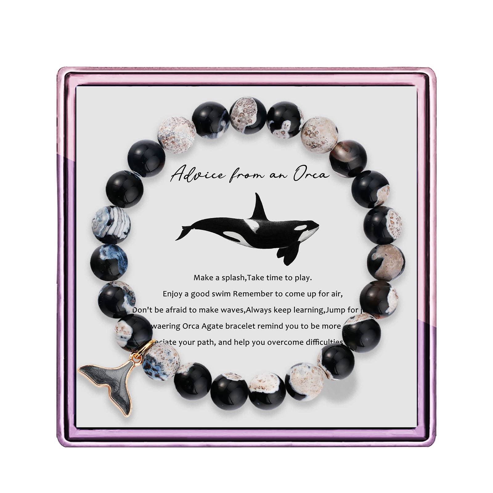 Orca Healing Bracelets for Women Orca Whale Gifts Orca Agate Crystal Bracelets Orca Gifts for Women Orca Tail Charm Orca Inspirational Gift (Black orca gifts)
