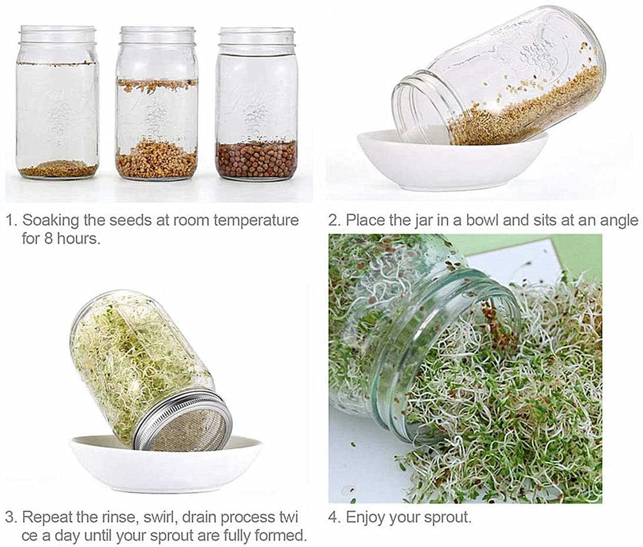 Mason Jar Shaker Lids 316 Stainless Steel Wide Mouth Mason Jar Mesh Sprouting Strainer Lids Kits for Mason Jars Canning Lid 4 Pack Silver