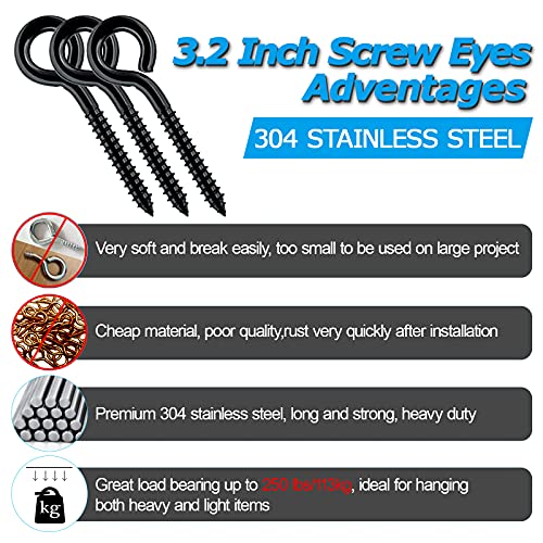 Screw Eyes, Heavy Duty Eye Screw Hooks, Screw in Eye Hooks for Indoor & Outdoor Use, Black Self Tapping Screws, Eye Bolts 4 Pack, 3.2 Inches