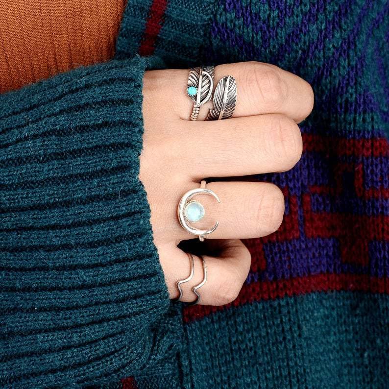 PAYOJA Boho Feather Turquoise Adjustable Ring, Statement Vintage Feather Leaf Open Rings for Women Men