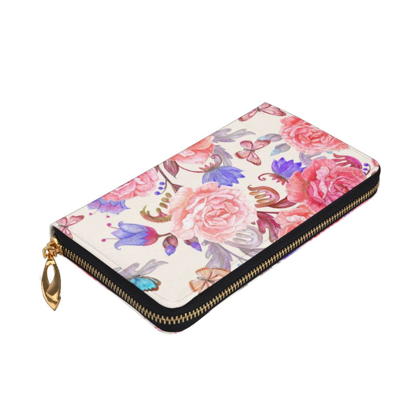 Red Roses Leather Wallets for Women Mens Long Zipper Slim Wallets Checkbook Cover Clutch Coin Purse with 12 Card Slots