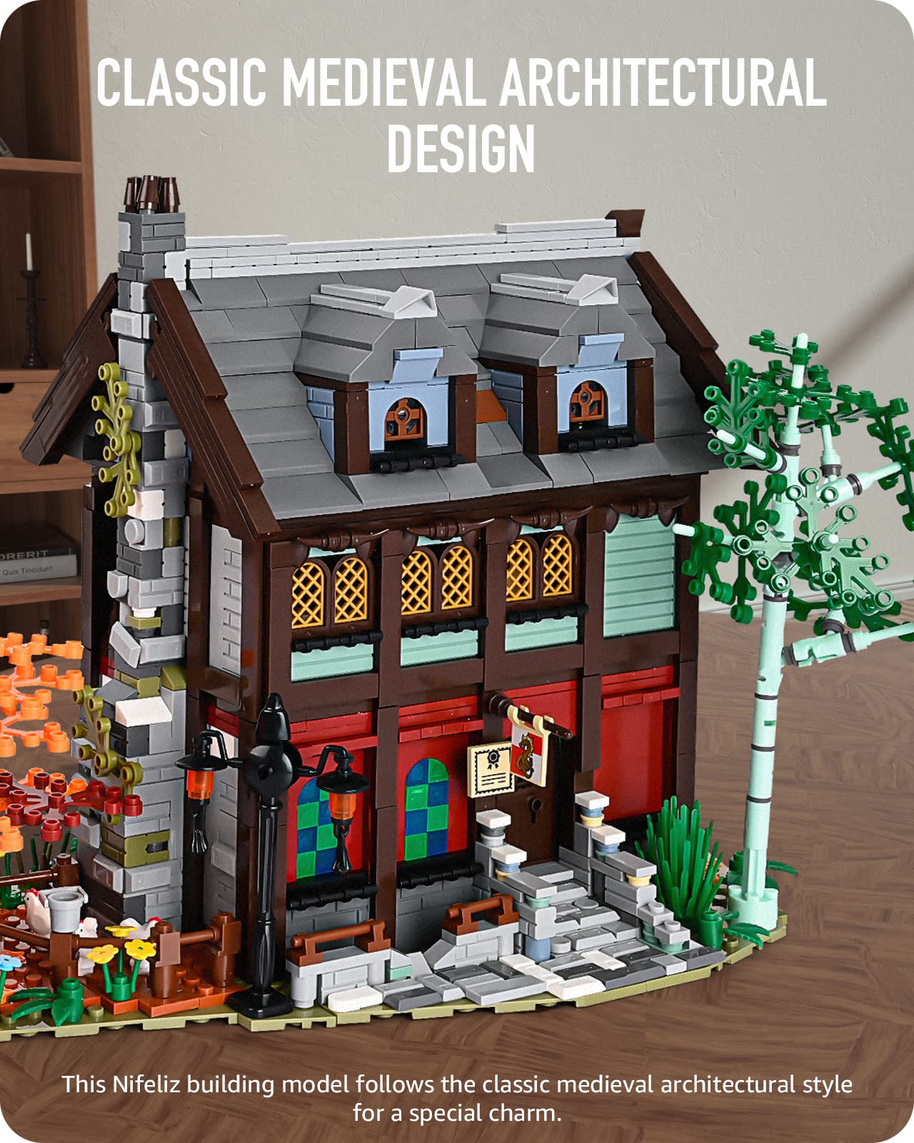 Nifeliz Medieval Hotel, Quaint House Building Set Surrounded by Flowers, MOC Construction Model Toy for Adult Gift Giving (2,710 Pieces)