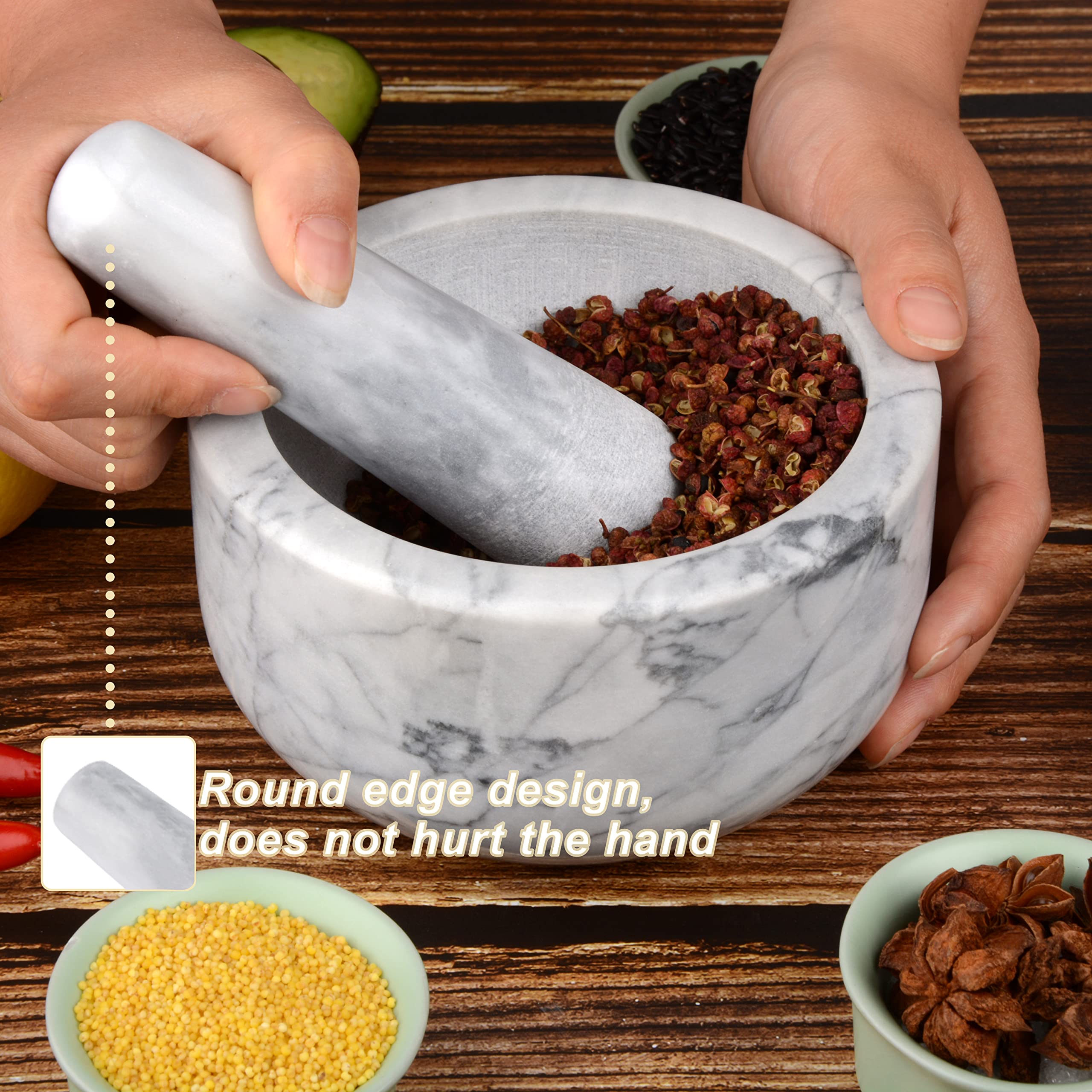 Mortar and Pestle Set Polished Natural Marble Stone Guacamole Molcajete Bowl with Base Silicone Pad,Matching Stainless Spoon and Matching Small Brush (Large, White Gray)