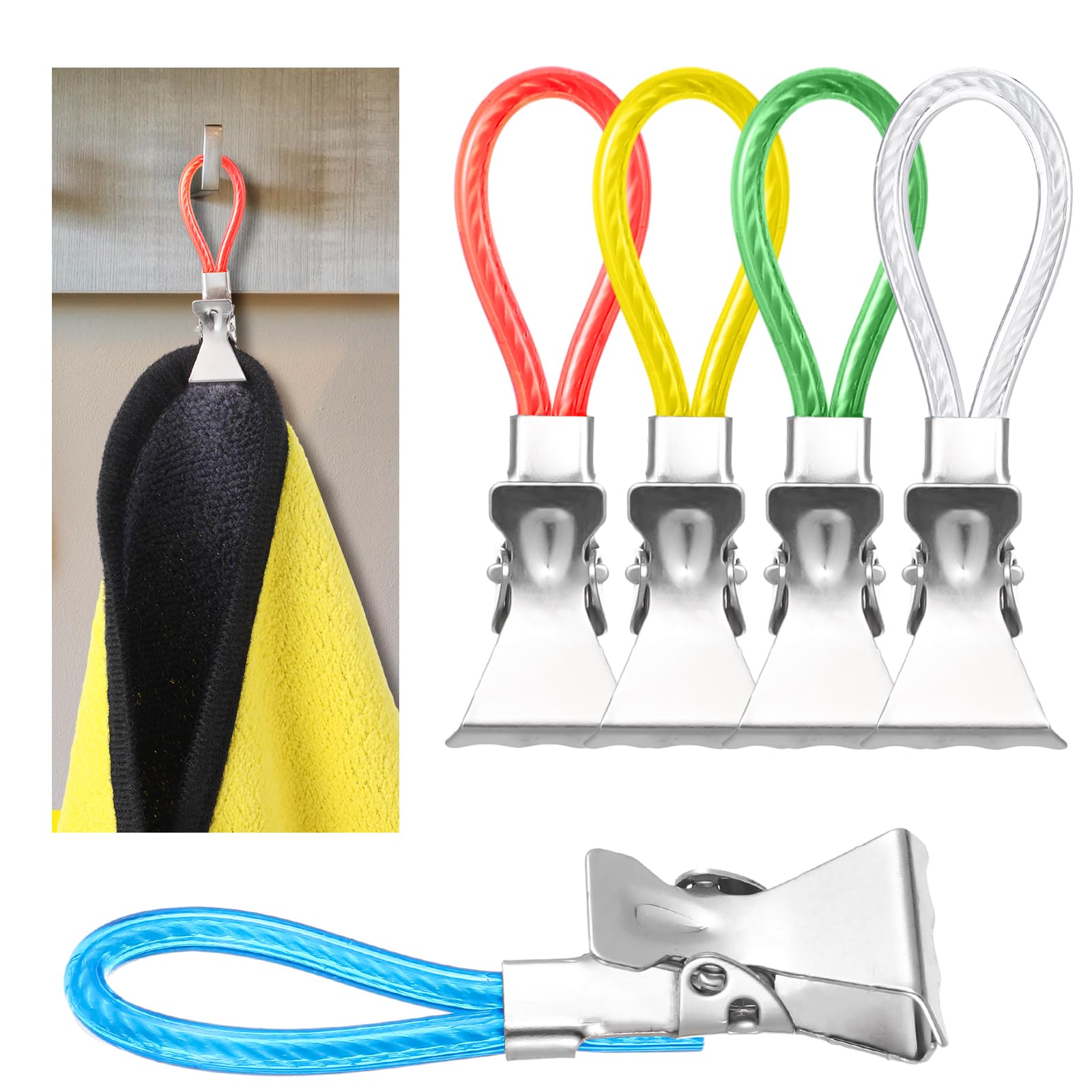 Towel Clips 10Pcs, Clips for Hanging, Tea Towel Clips with Hanging Loop, Towel Cips for Kitchen Bathroom Bedroom Hotel Cabinet Swimming Pool Let You Distinguish and Organize Towels Faster(5 Colors)