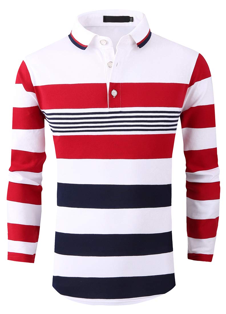 Men Polo Shirts Long Sleeve - Striped Golf Polo Shrts Dress Tshirts Top Slim Fit Stylish Blue and White Size M