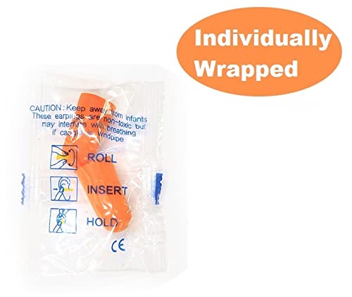 Quality Foam Earplugs 50 Pair- 32dB Noise Cancelling Disposable Individually Wrapped Packaged Bulk in Pairs Soft for Sleeping Travel Concert Shooting Hunting Study Work Construction Safety Orange