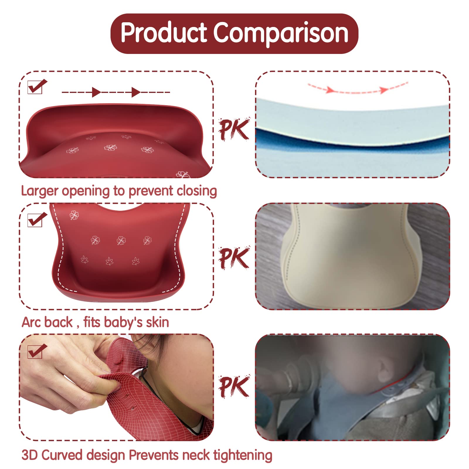 Silicone Baby Bib - Waterproof Bib with Spoon- Stay Open Pocket Feeding Bib for Toddlers- Lightweight Comfortable Adjustable Snaps Food Grade Bib - Easily Wipe Clean (Red)