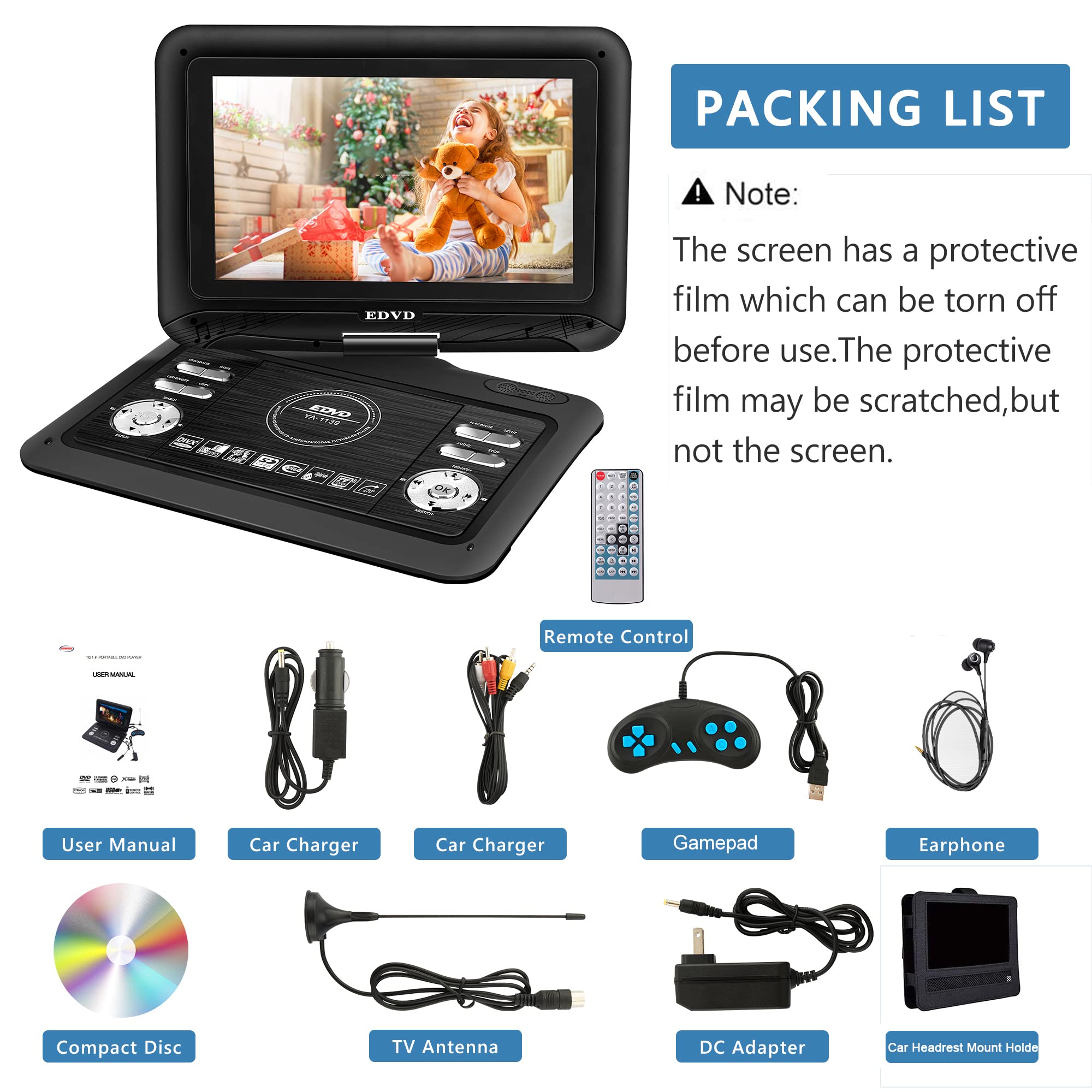 Portable DVD Player for Car with Mount - FOWORE 10.1" HD Swivel Screen DVD Player with Wired Earphone, 5 Hours Rechargeable Battery, Remote Control, Car Charger, Game Handle, Adaptor for Kids Gift