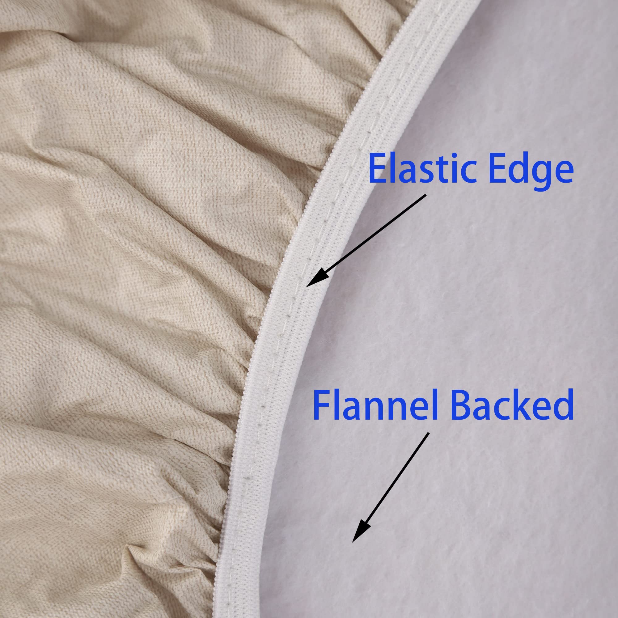 Round Fitted Vinyl Tablecloth with Elastic Edge Flannel Backed Waterproof Oil-Proof Table Cover Stain-Resistant PVC Table Cloth for Round Table (Beige, Large Round Fits Table up 45"-56" Diameter)