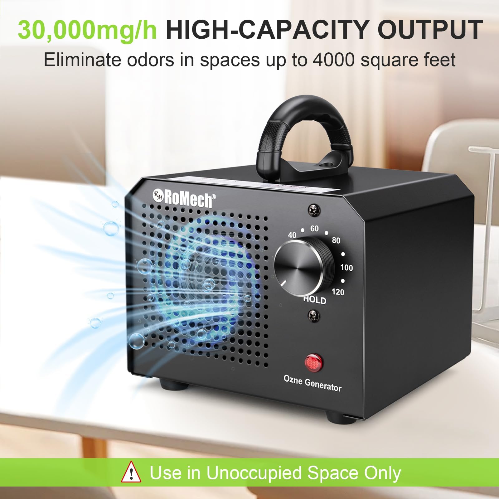 ROMECH Ozone Generator 30,000mg/h, High Capacity Ionizer Air Purifier Ozone Odor Eliminator for 4000sq.ft. Home, Basement, Kitchen (Black)