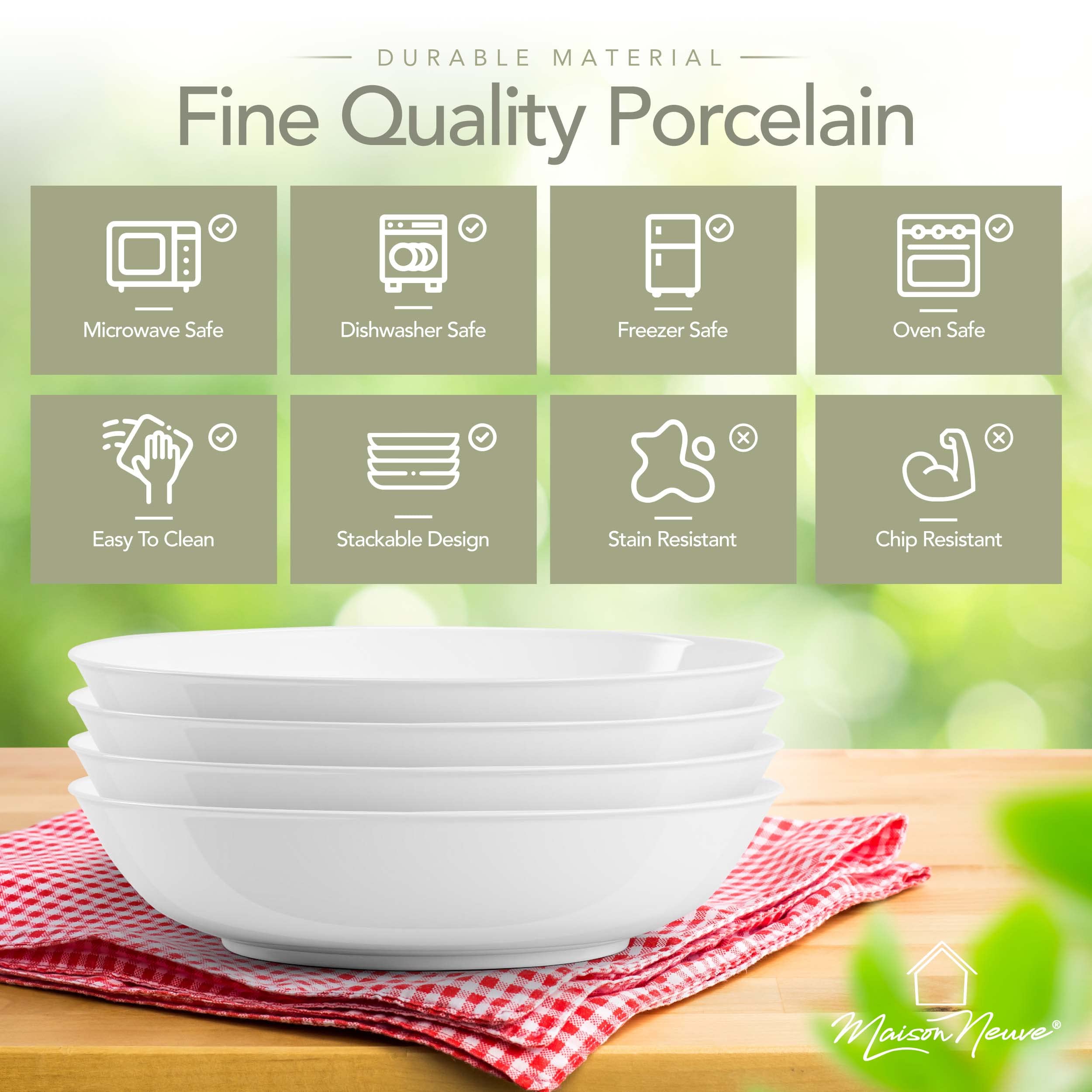 Maison Neuve Premium Porcelain White Dinner Bowls [Set of 4]- 40oz Dinnerware Kitchen Bowls For Soups, Noodles, Pasta, Salads, Desserts- Durable Dishwasher-Safe 9” Serving Bowls- Super White