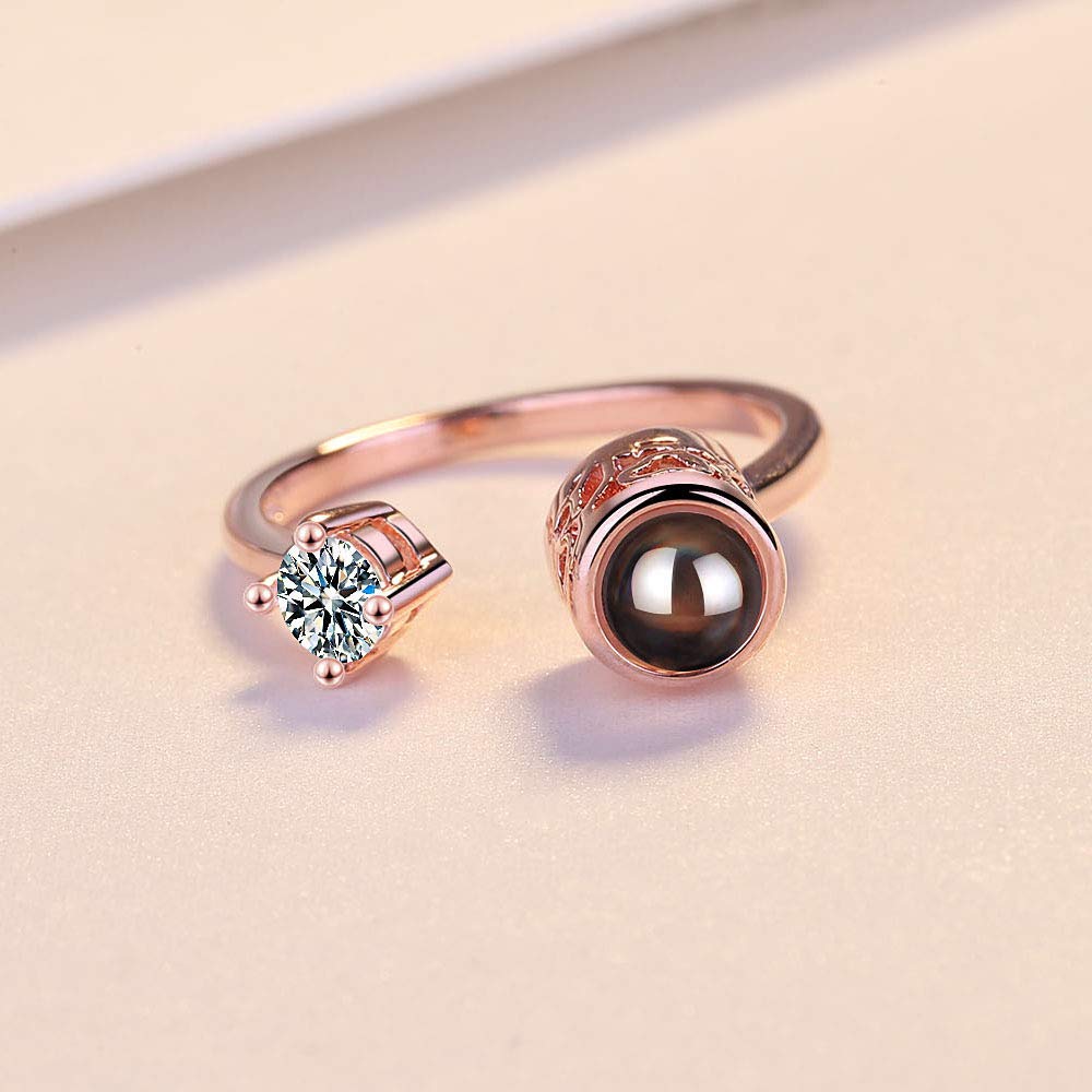Inf-way I Love You 2-in-1 Open Ring, 100 Languages Projection on Round Onyx Pendant Loving Memory Rings for Christmas Gifts (Crown Gold)