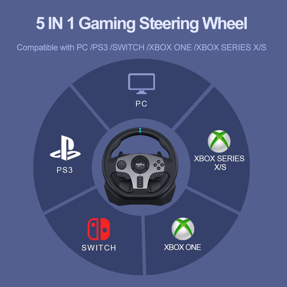 PC Steering Wheel, PXN V9 Universal Usb Car Sim 270/900 Degree Race Steering Wheel with 3-Pedals and Shifter Bundle for Xbox One,Xbox Series X/S,PS4,PS3, Nintendo Switch (Renewed)