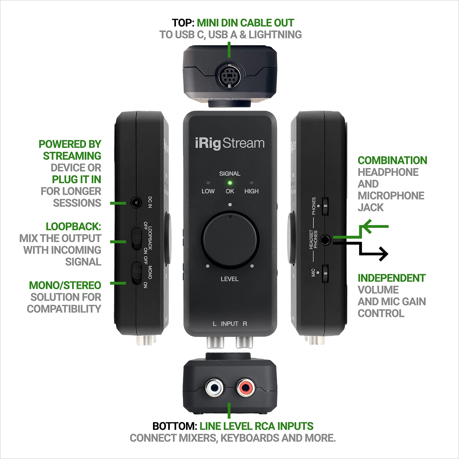 IK Multimedia iRig Stream stereo audio interface for iPhone, iPad, Mac, iOS and PC with USB-C, Lightning and USB for 24-bit, 48 kHz recording from mixers and studio gear