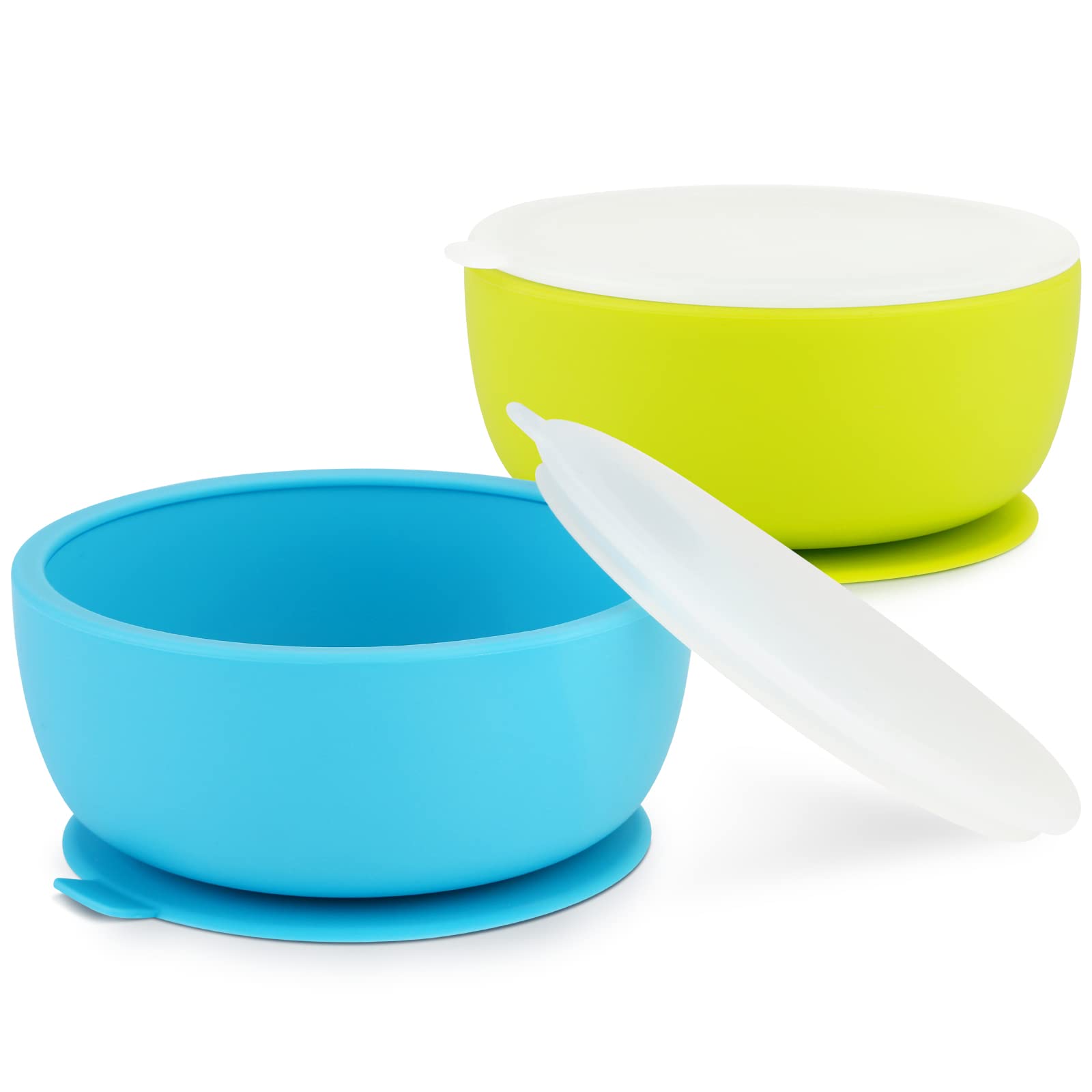 Silicone Baby Bowls with Suction, 2 Pack Baby Bowls with Lid | Non-Slip Design | Extra Strong Suction | Dishwasher, Microwave & Freezer Safe (Baby Blue, Light Green)