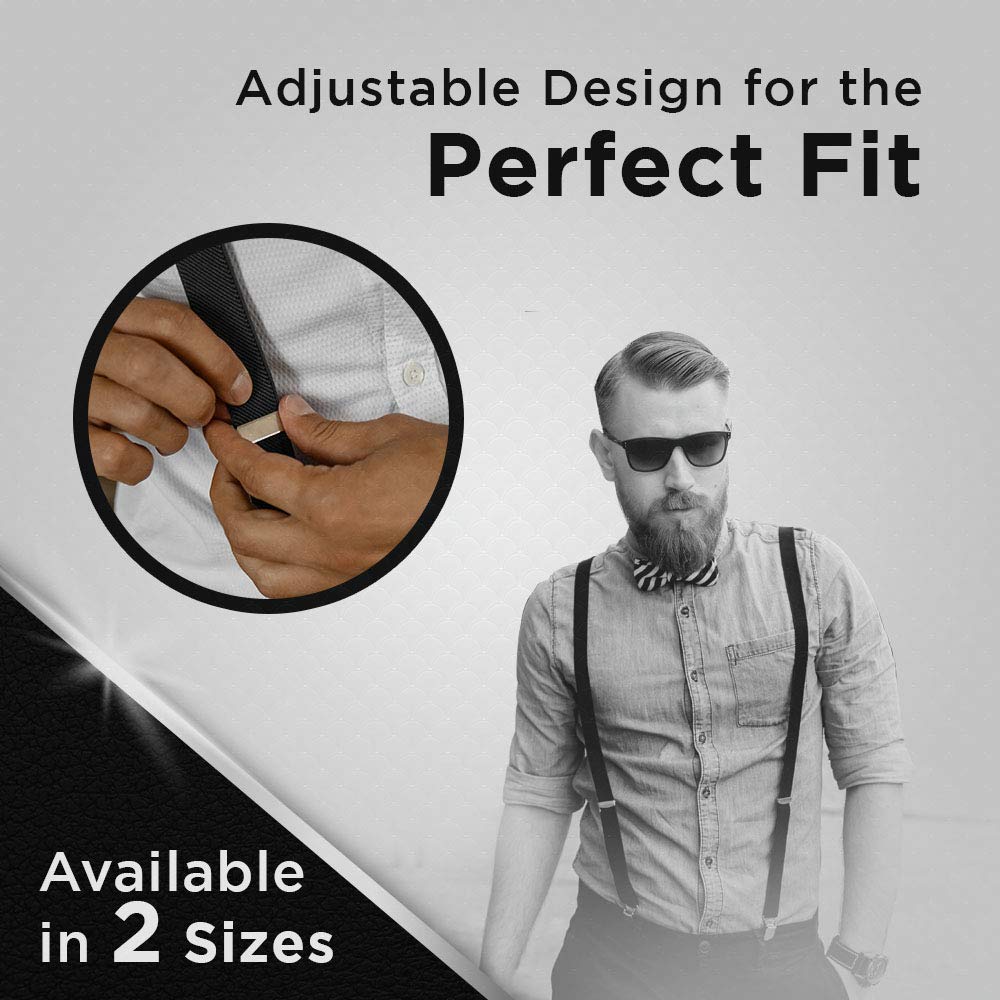 HOLD'EM Suspender for Men Made in USA Y-Back Leather Crosspatch Clip on tuxedo suspenders-Black (Regular - 46")